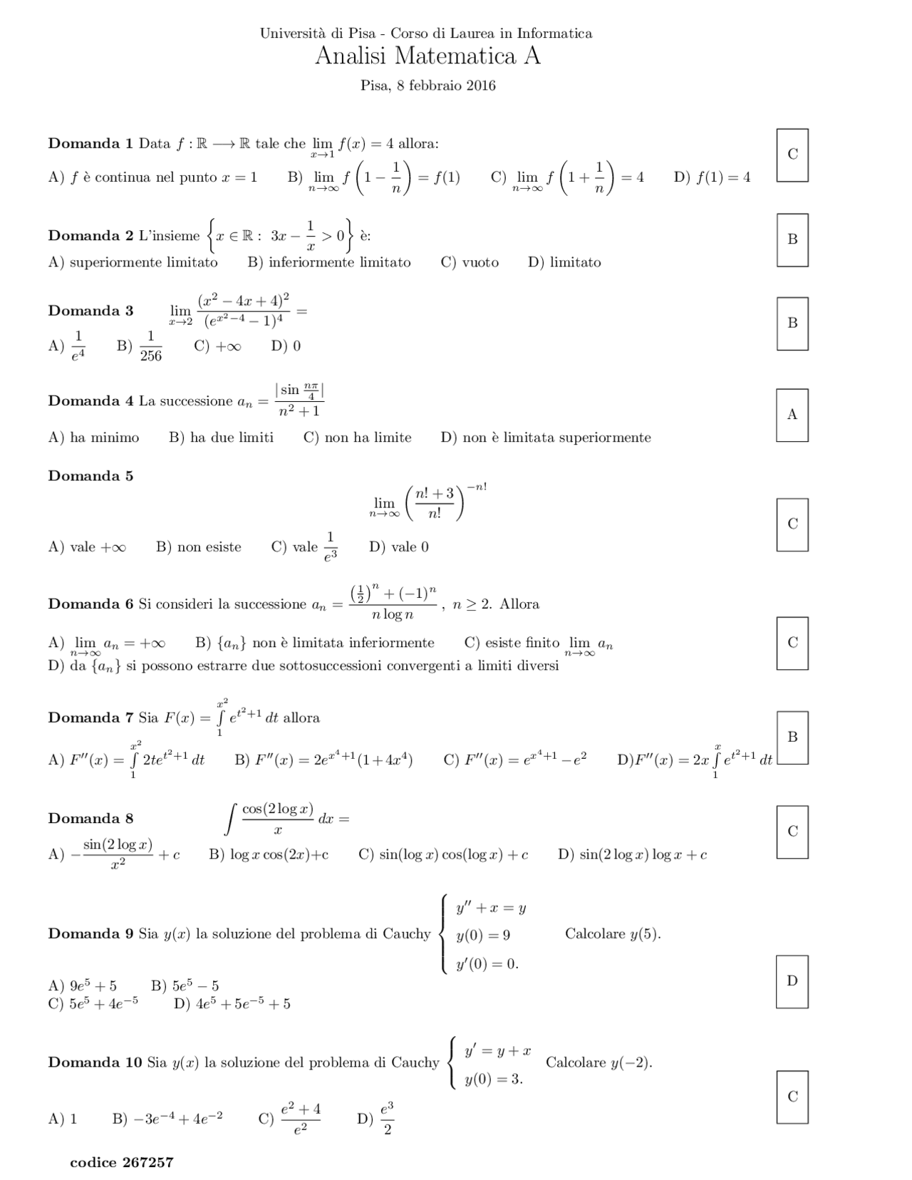 Esame di Analisi Matematica A - Università di Pisa | Esercizi di ...