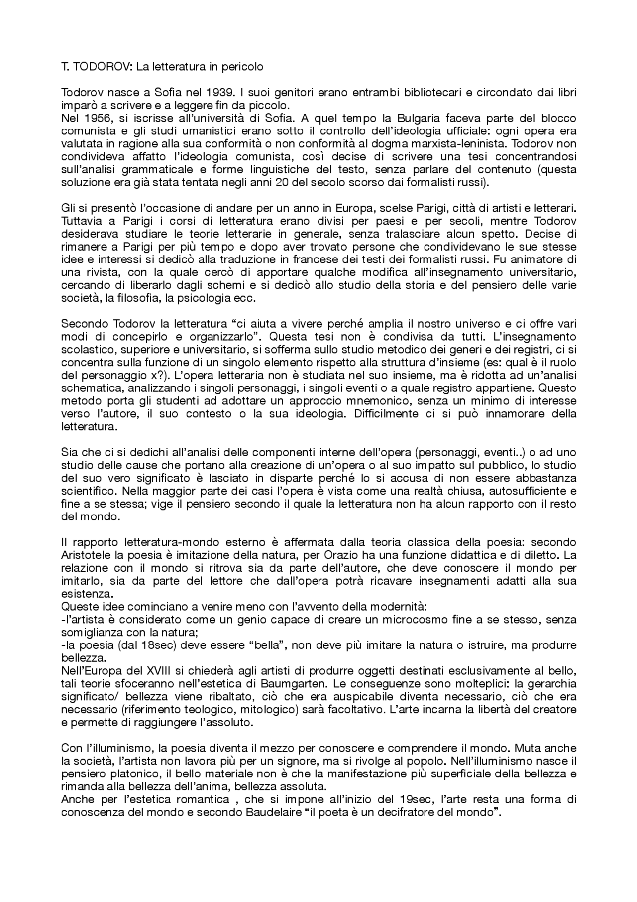 T Todorov La Letteratura In Pericolo Docsity
