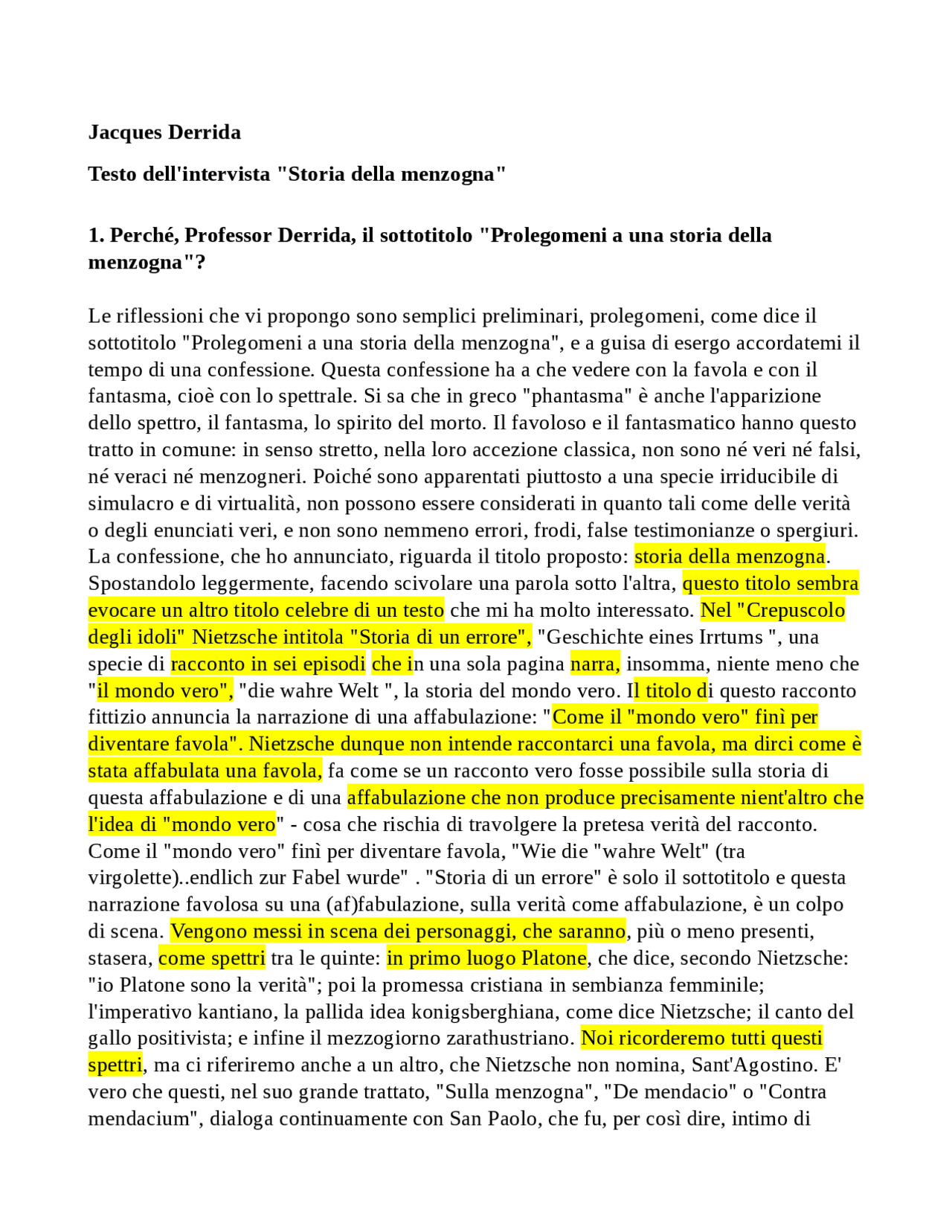 Sintesi Di Storia Della Menzogna Derrida Docsity