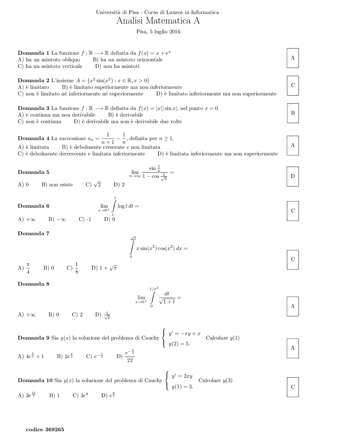 Esercizi Analisi Matematica Docsity