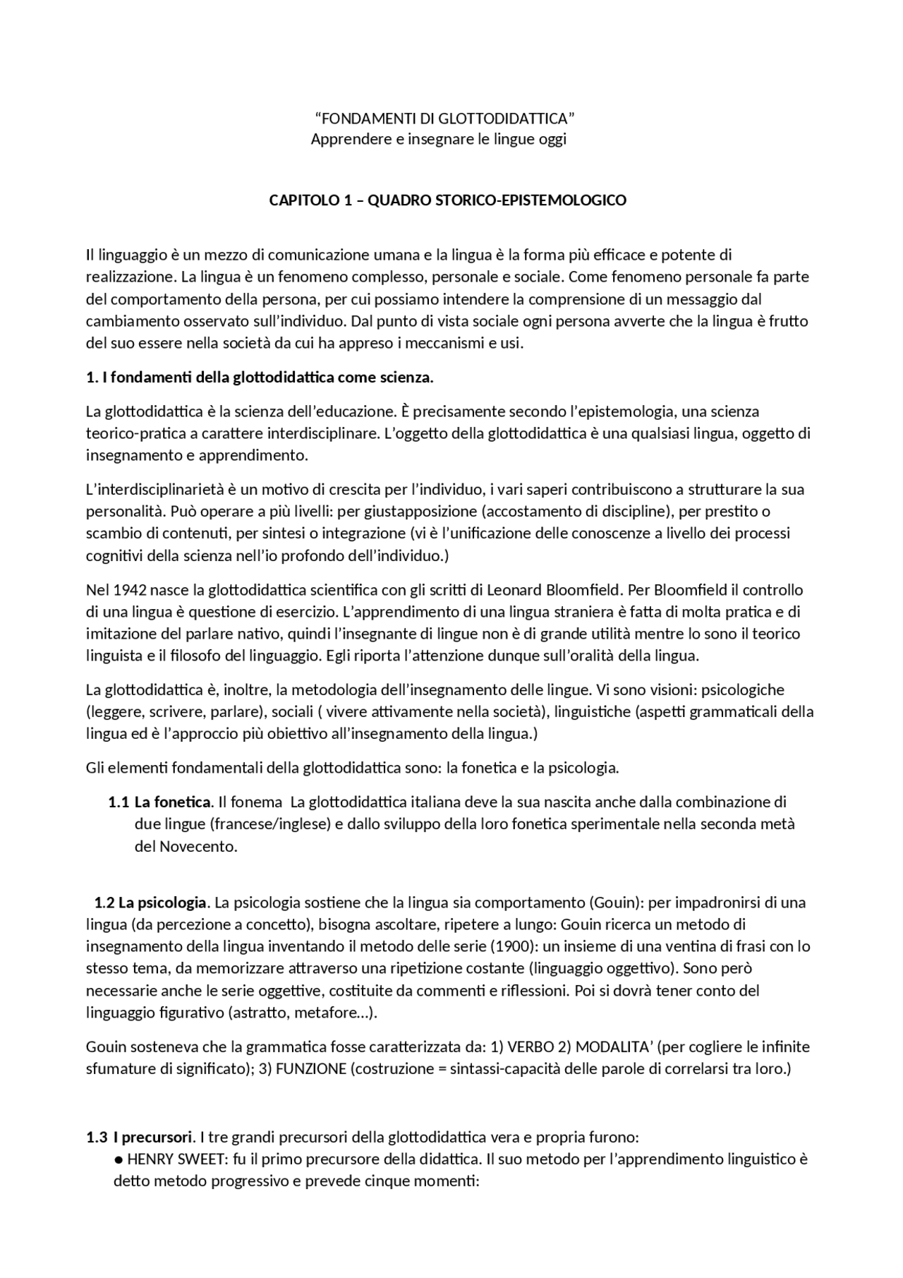 Fondamenti Di Glottodidattica Sintesi Del Corso Di Glottologia Docsity