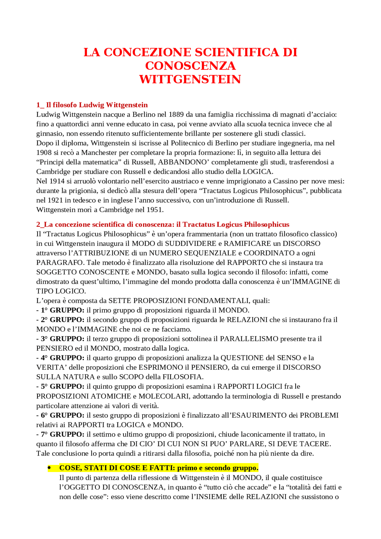La Conoscenza Secondo Wittgenstein Docsity