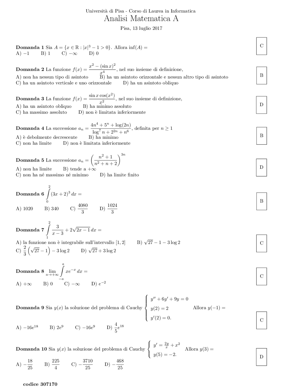 Esame di Analisi Matematica A - Università di Pisa | Esercizi di ...