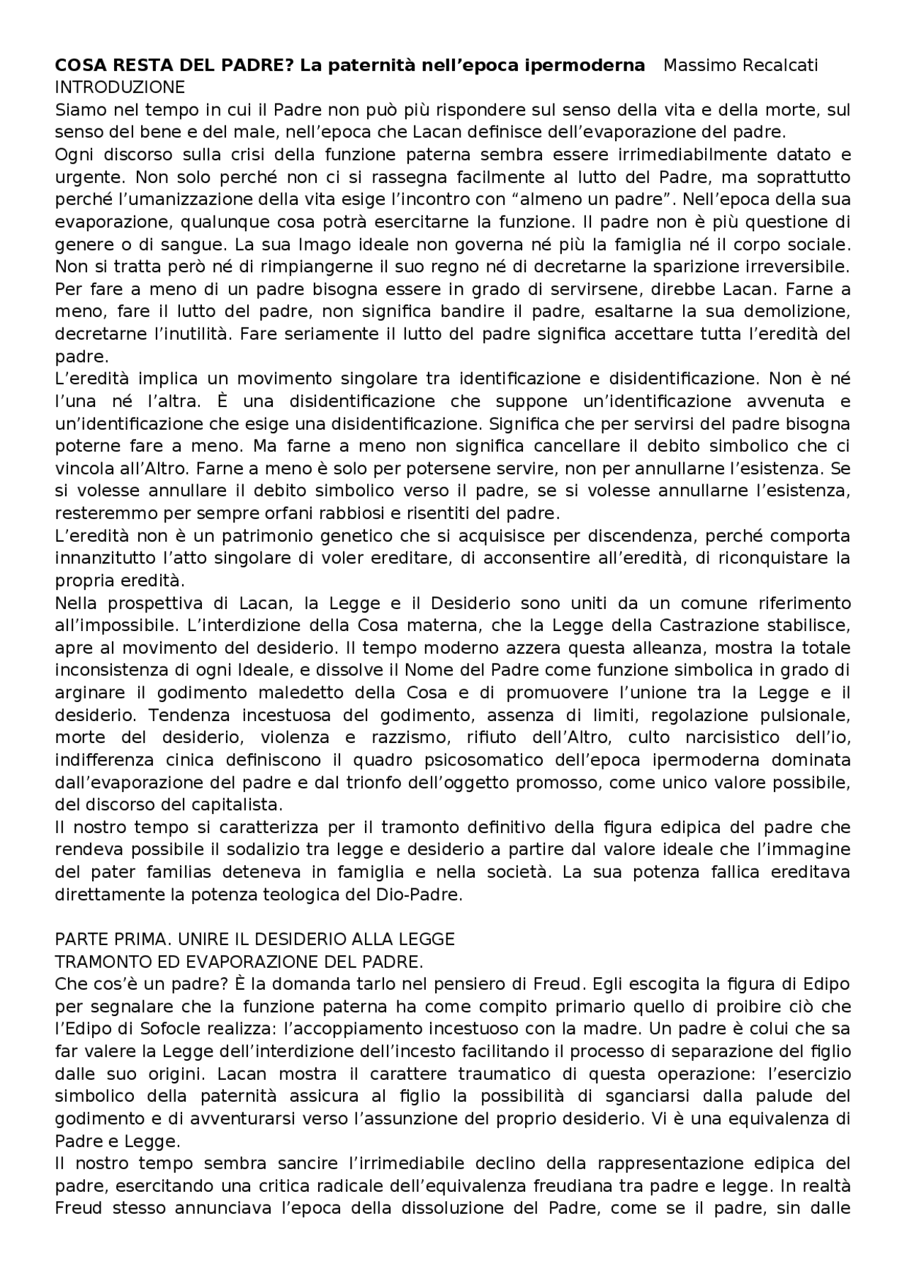 Cosa Resta Del Padre Sintesi Del Corso Di Sociologia Docsity