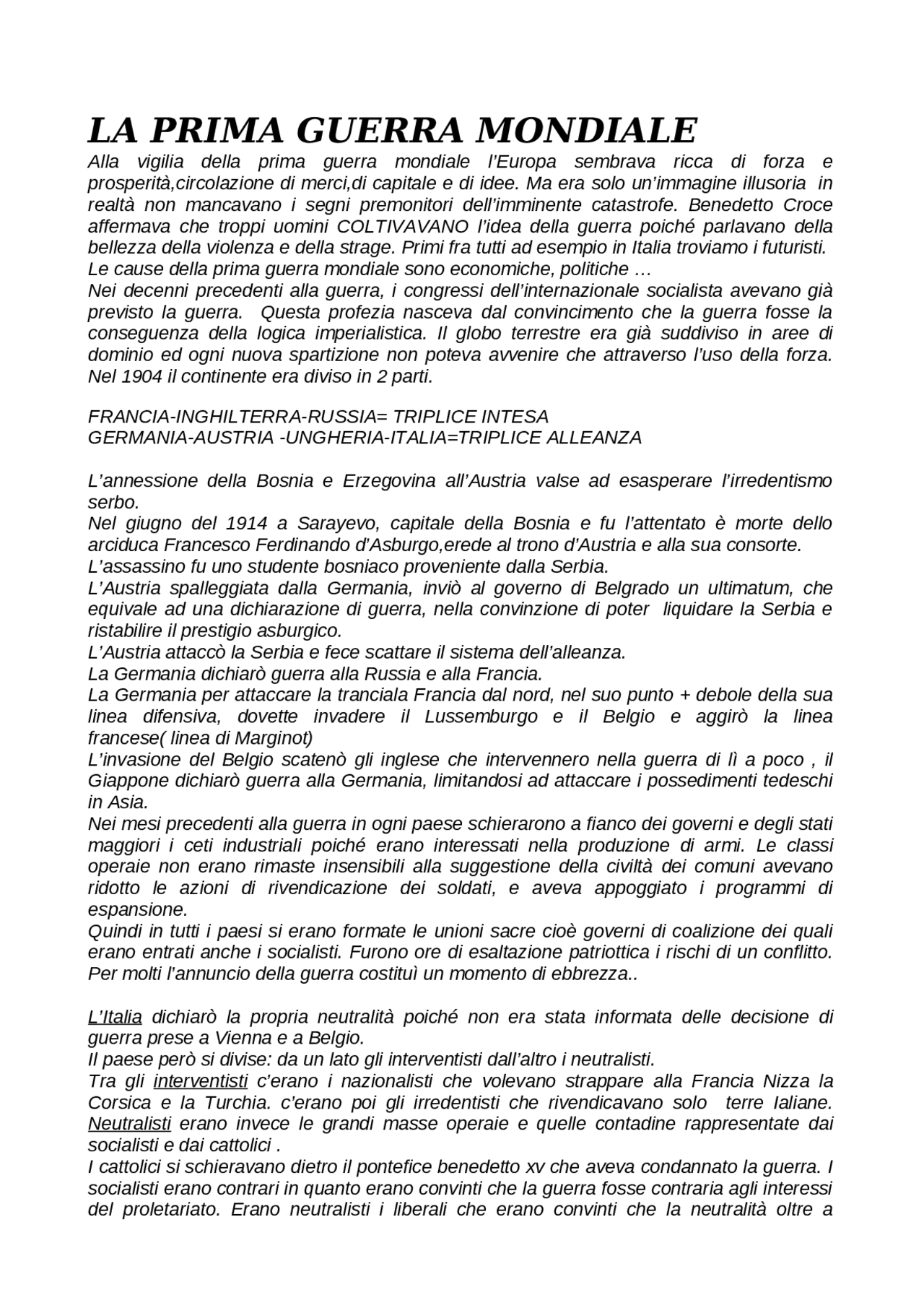 Riassunto 1 Guerra Mondiale Docsity