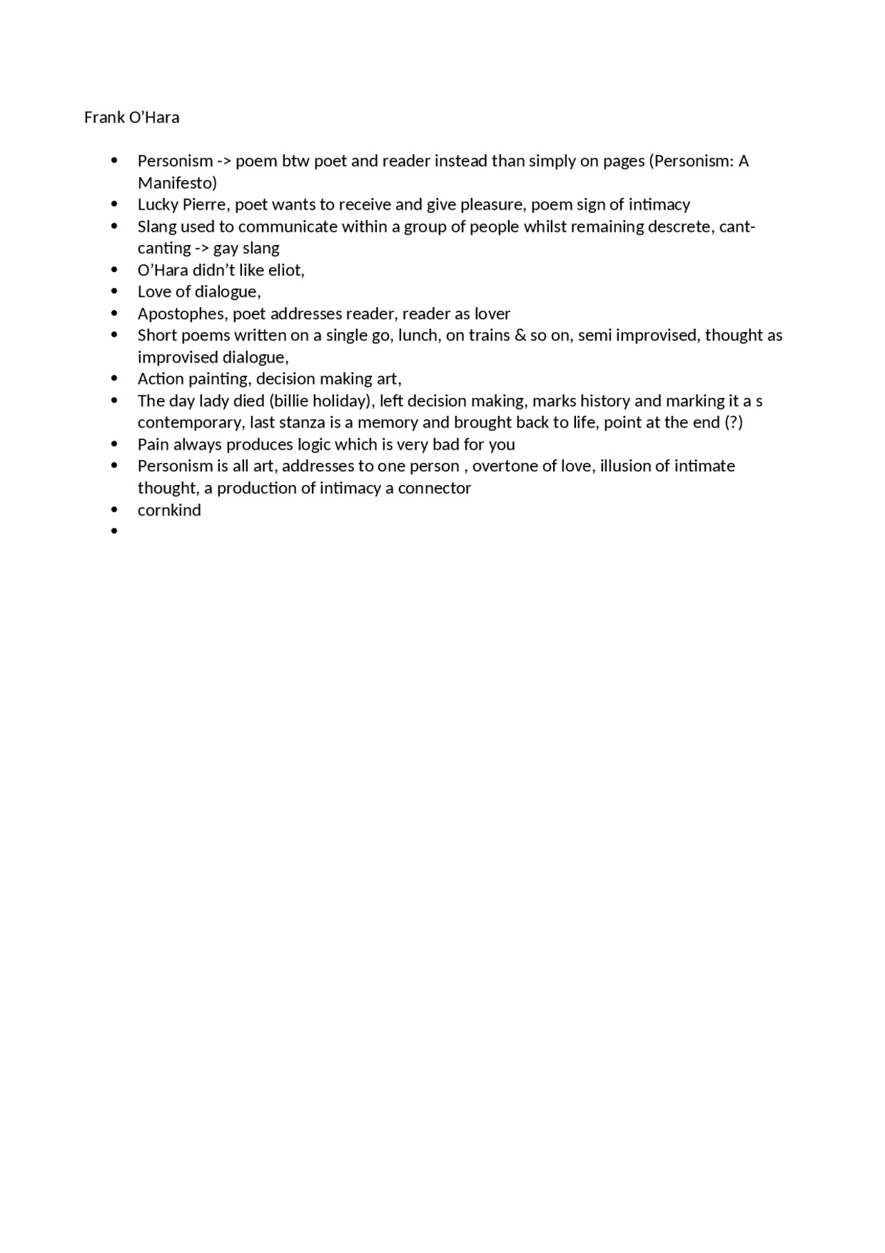 Frank O'Hara notes on poetry - Docsity