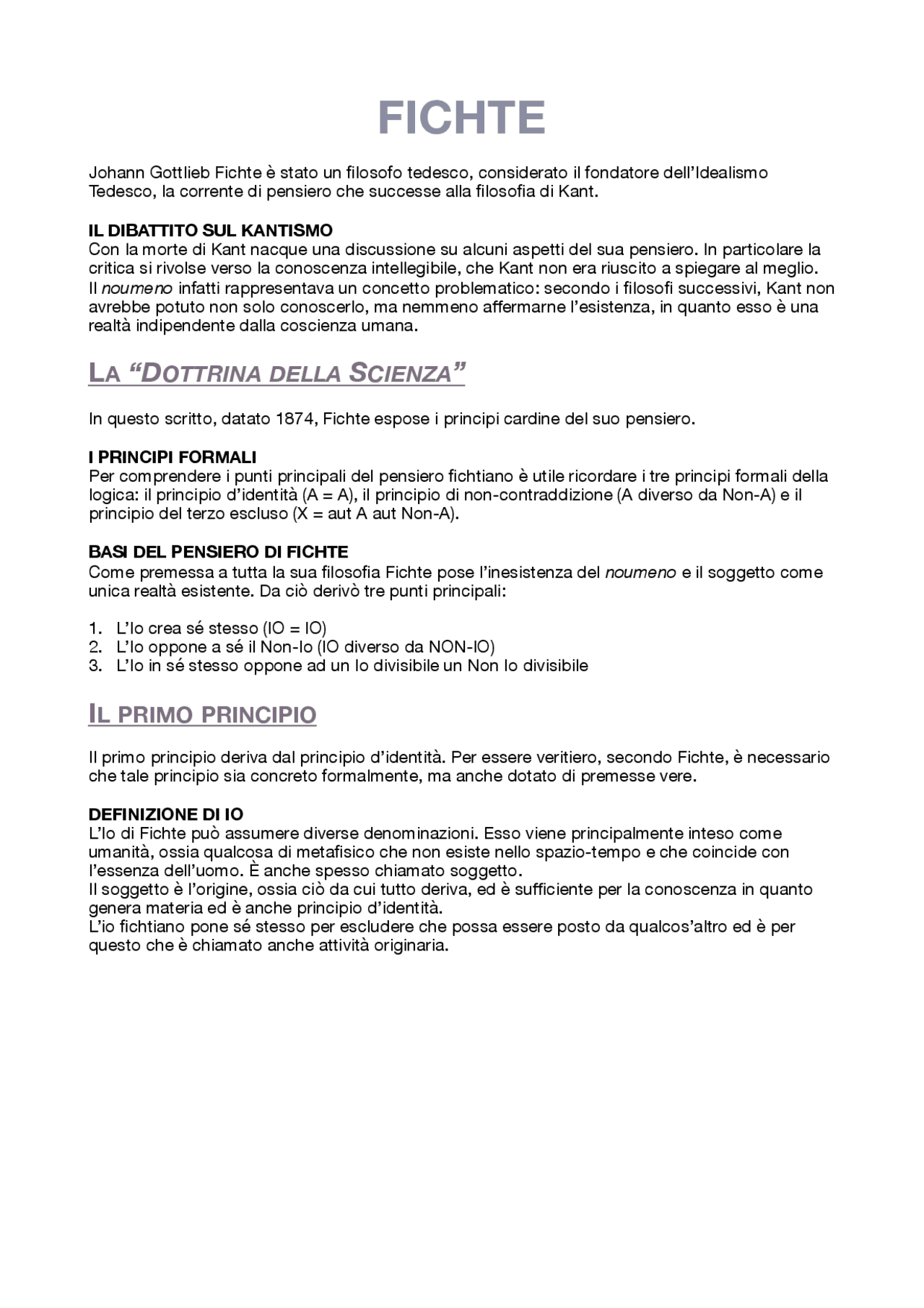 MaturitÀ Filosofia Johann Gottlieb Fichte Docsity
