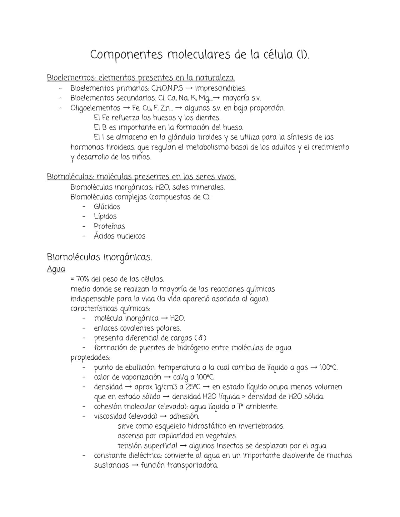 Componentes moleculares de la célula (I). Biomoléculas inorgánicas. Bi ...