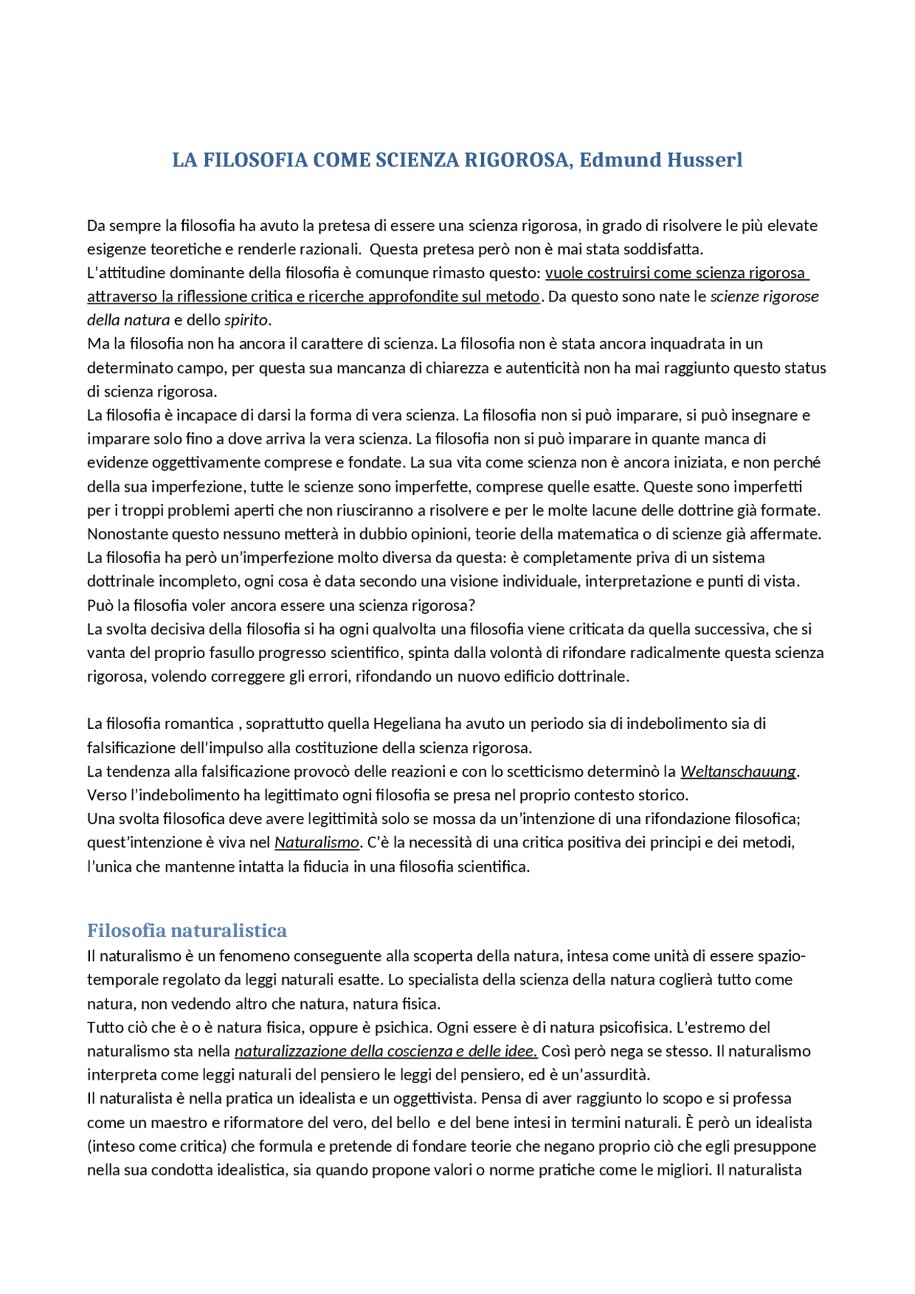 Riassunto La Filosofia Come Scienza Rigorosa Di Husserl Docsity