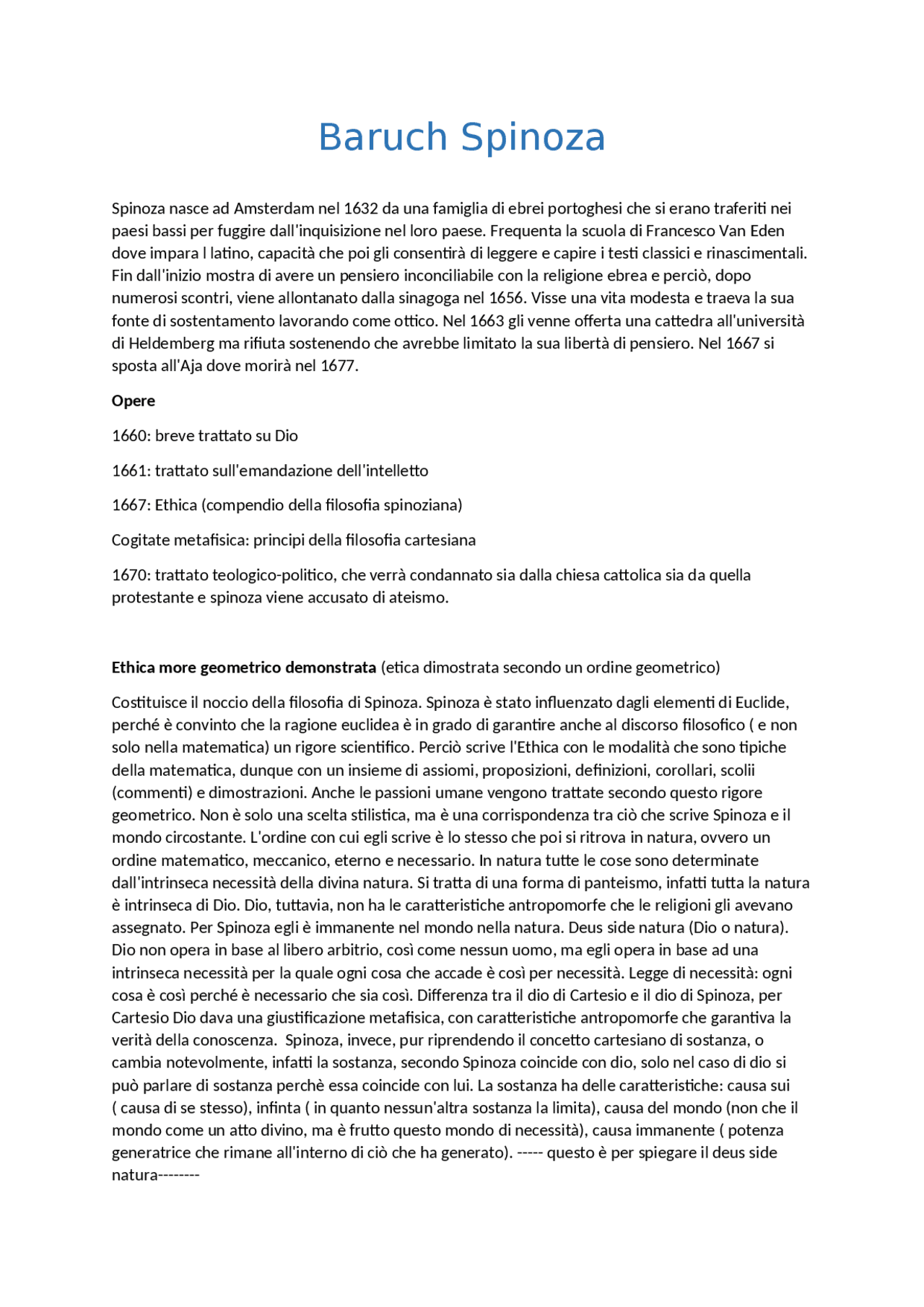 Riassunto Su Baruch Spinoza Docsity