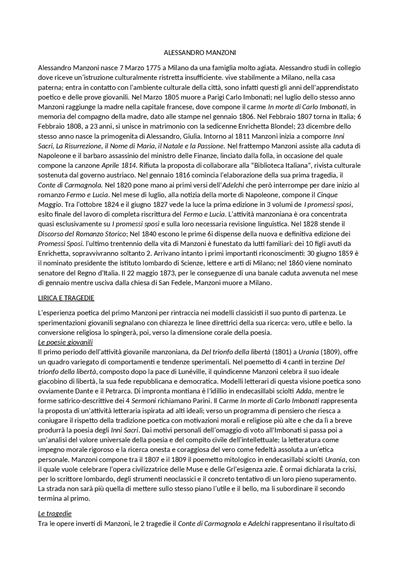 Riassunto Alessandro Manzoni Docsity