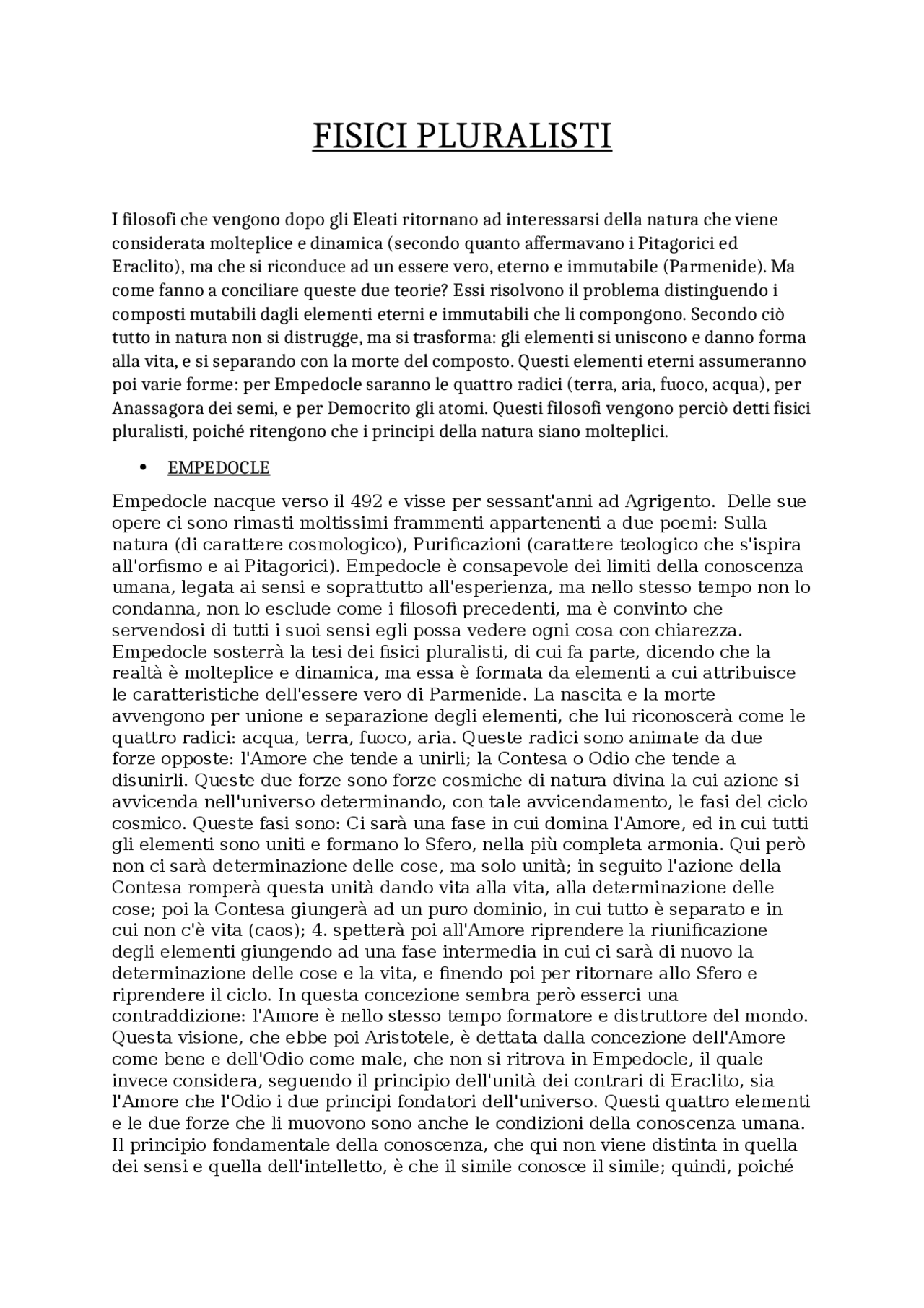 Riassunto Sui Fisici Pluralisti Docsity