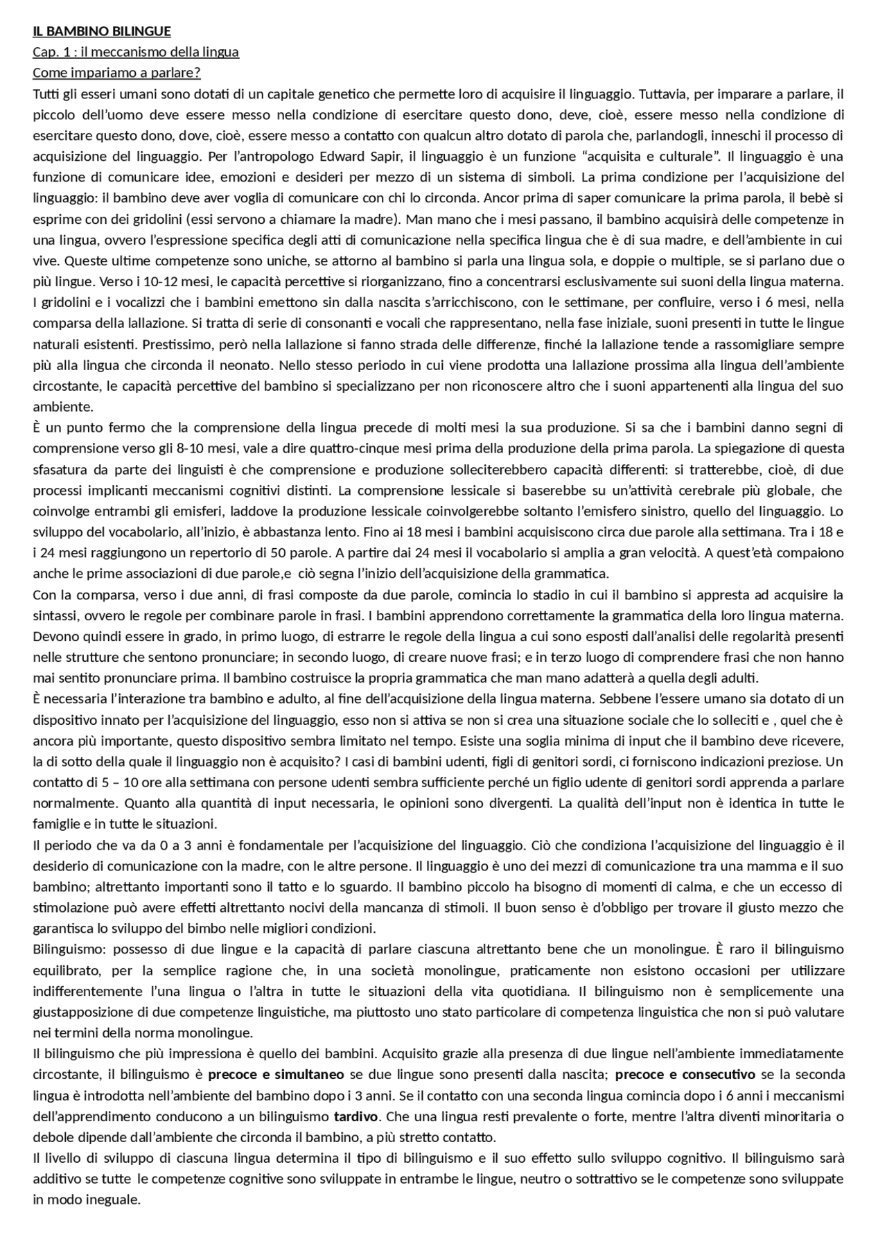 Il Bambino Bilingue Riassunto Docsity
