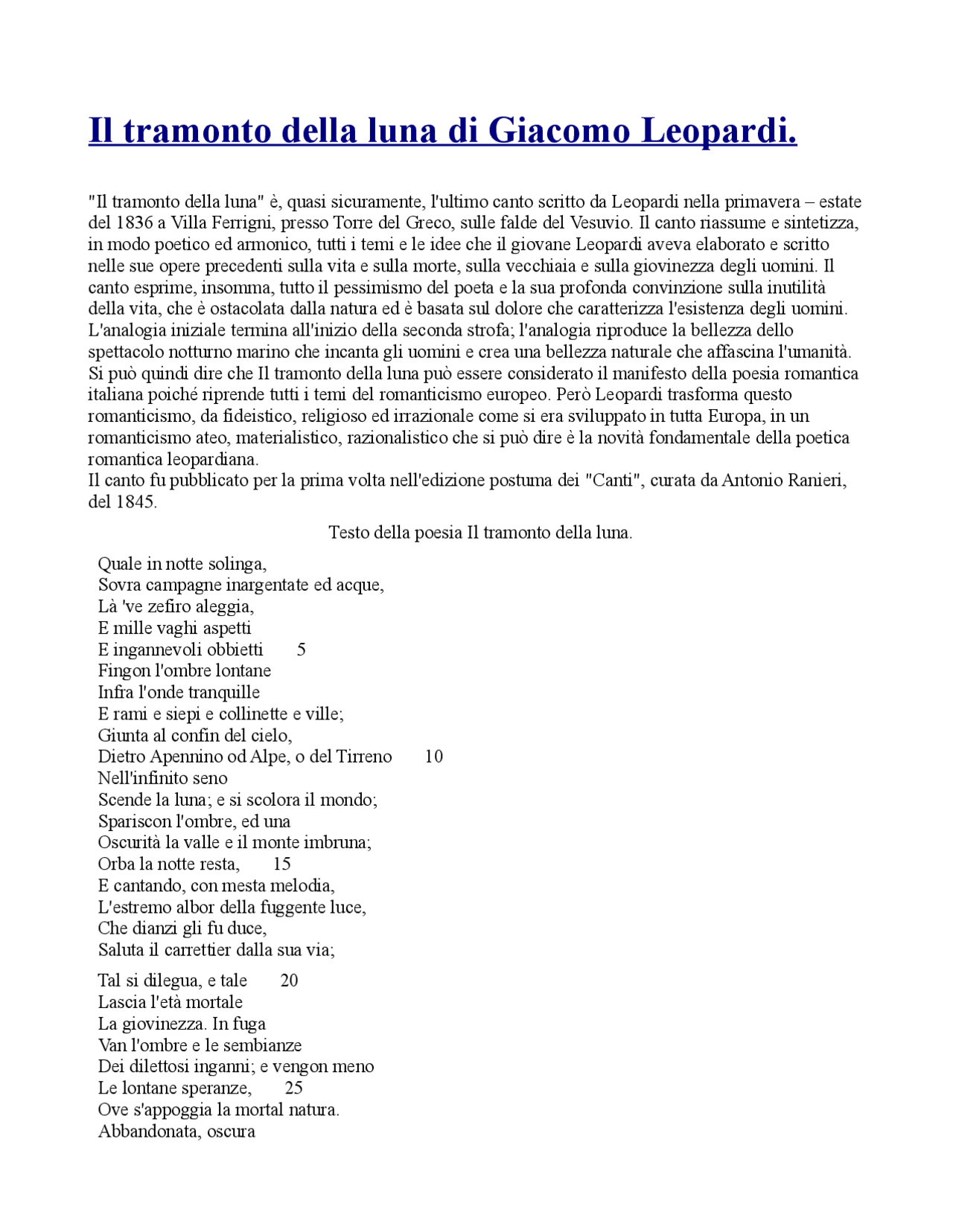 Il tramonto della luna Giacomo Leopardi - Docsity