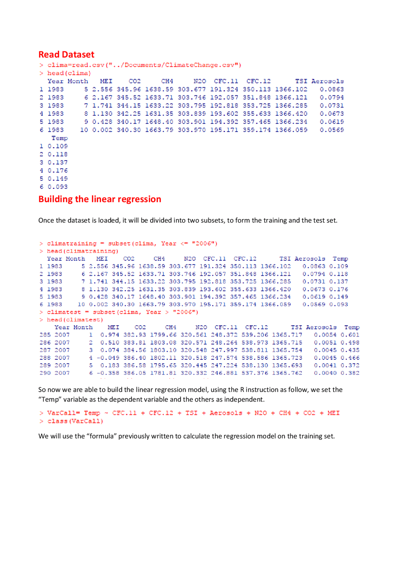 Read Dataset Building the linear regression O - Docsity