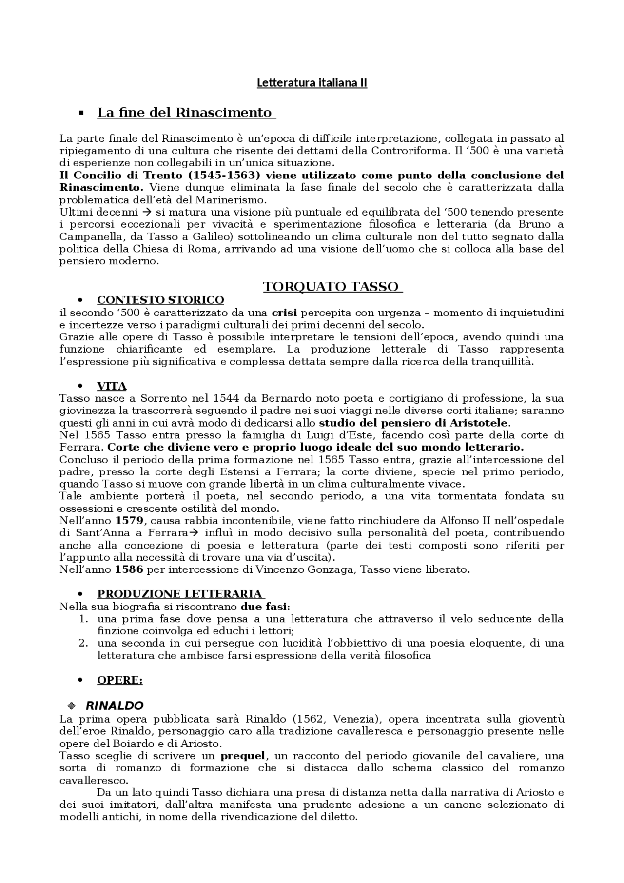 Torquato Tasso Riassunto Analisi Opere Docsity