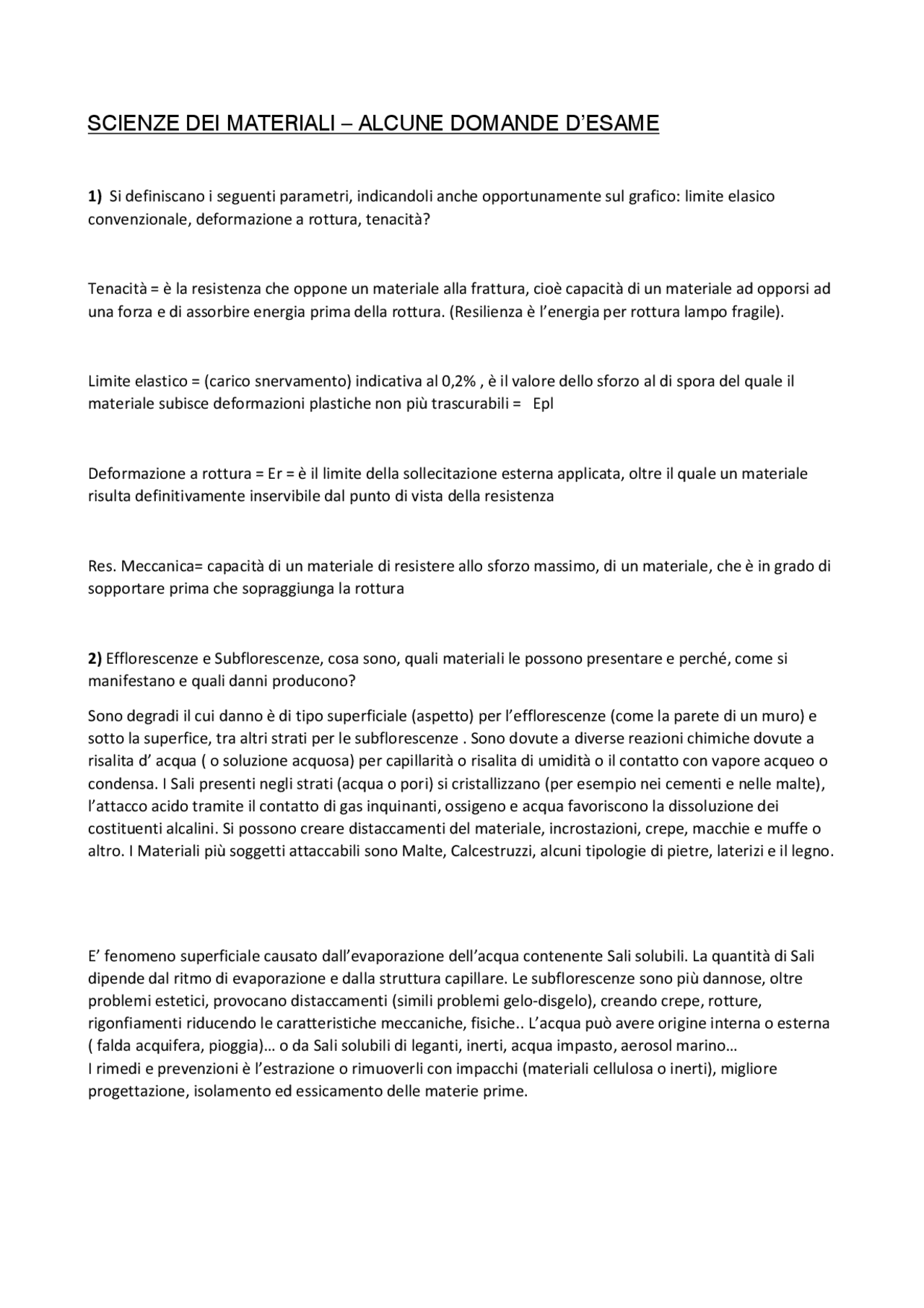 Domande Schema Scienze E Tecnologia Dei Materiali Esercizi Di