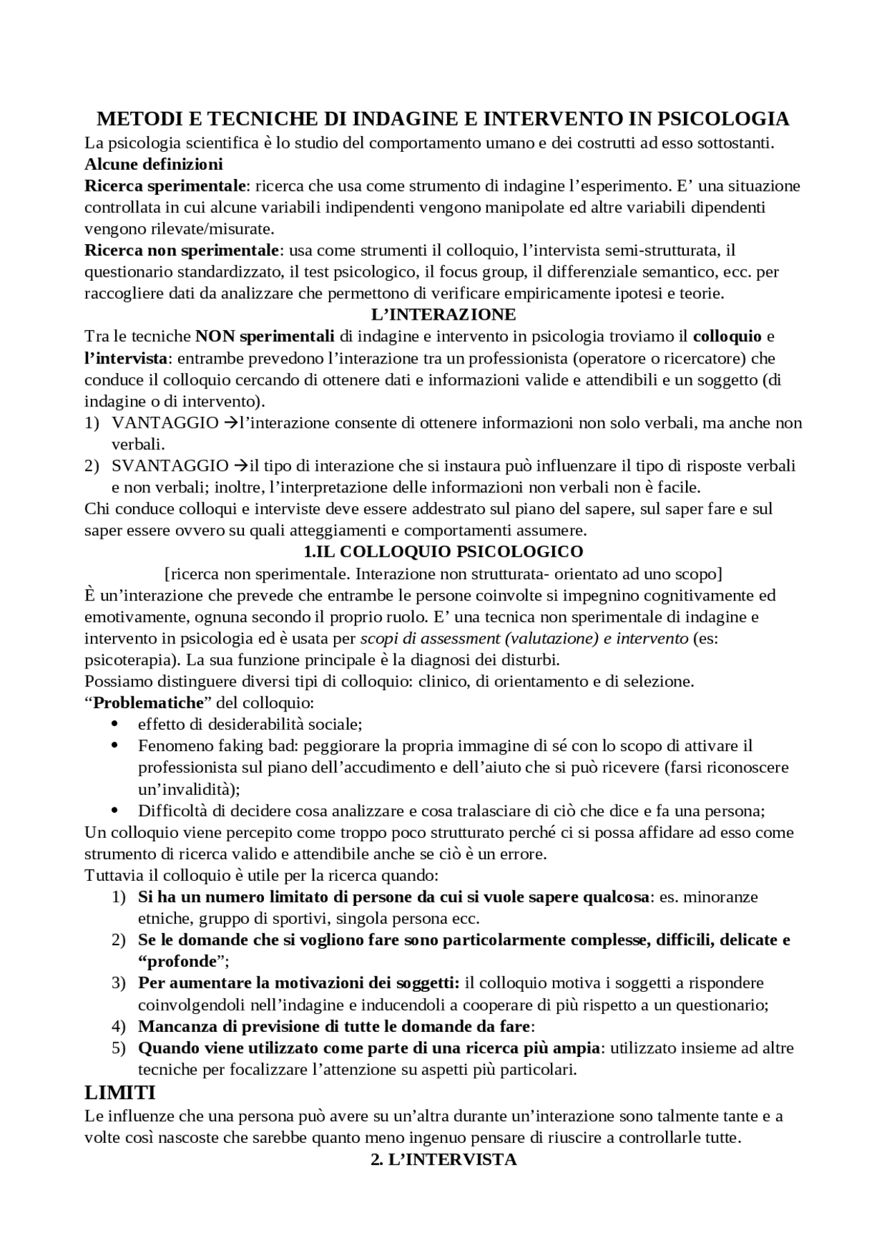 Metodi e Tecniche di indagine e intervento in psicologia. - Docsity