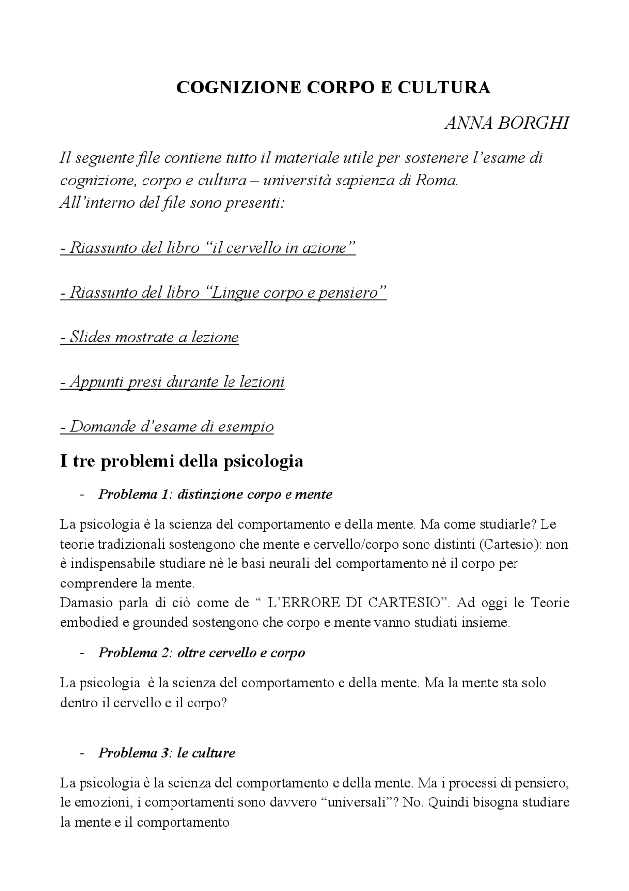 Materiale Per Esame Cognizione Corpo E Cultura Docsity
