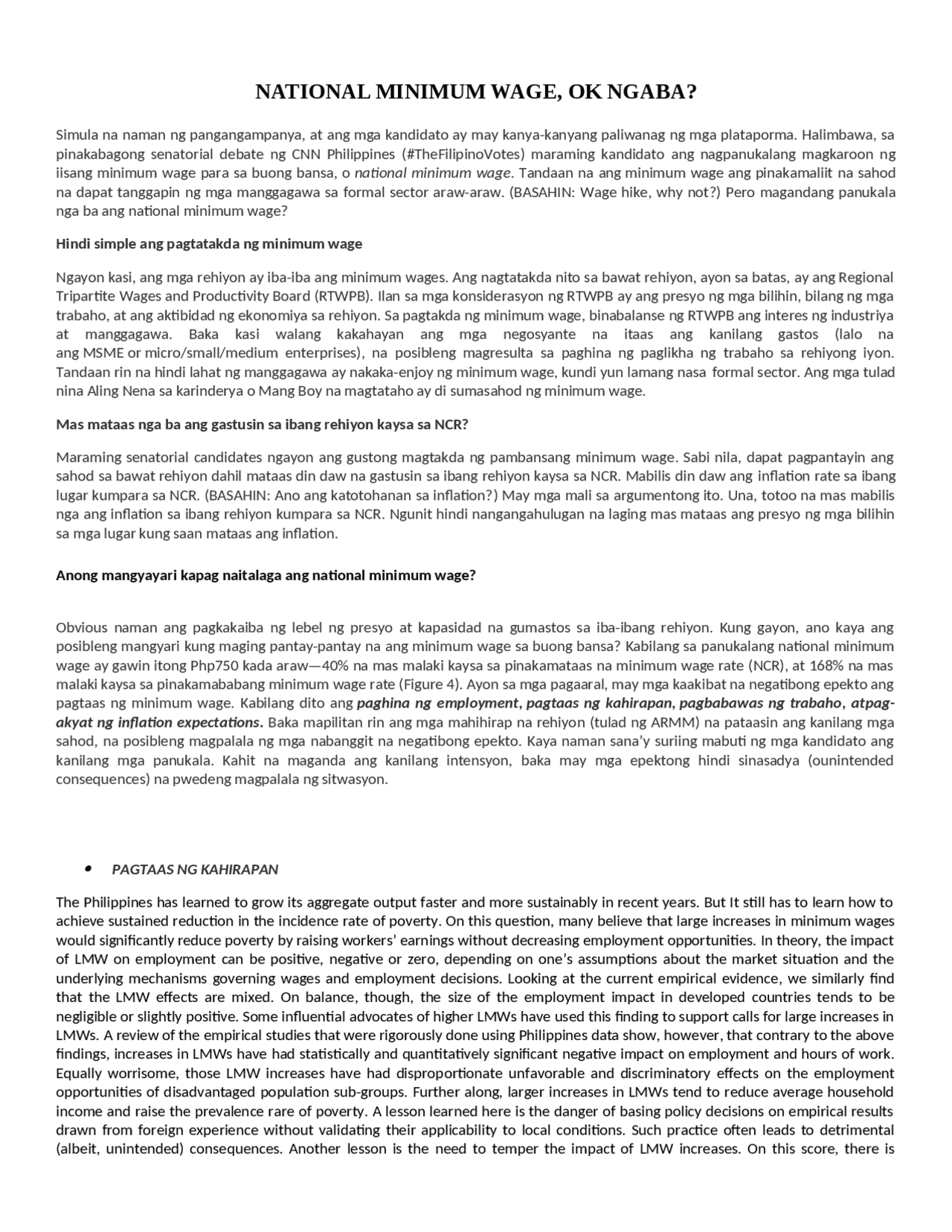 National Minimum Wage Argument | Essays (high school) Economics | Docsity