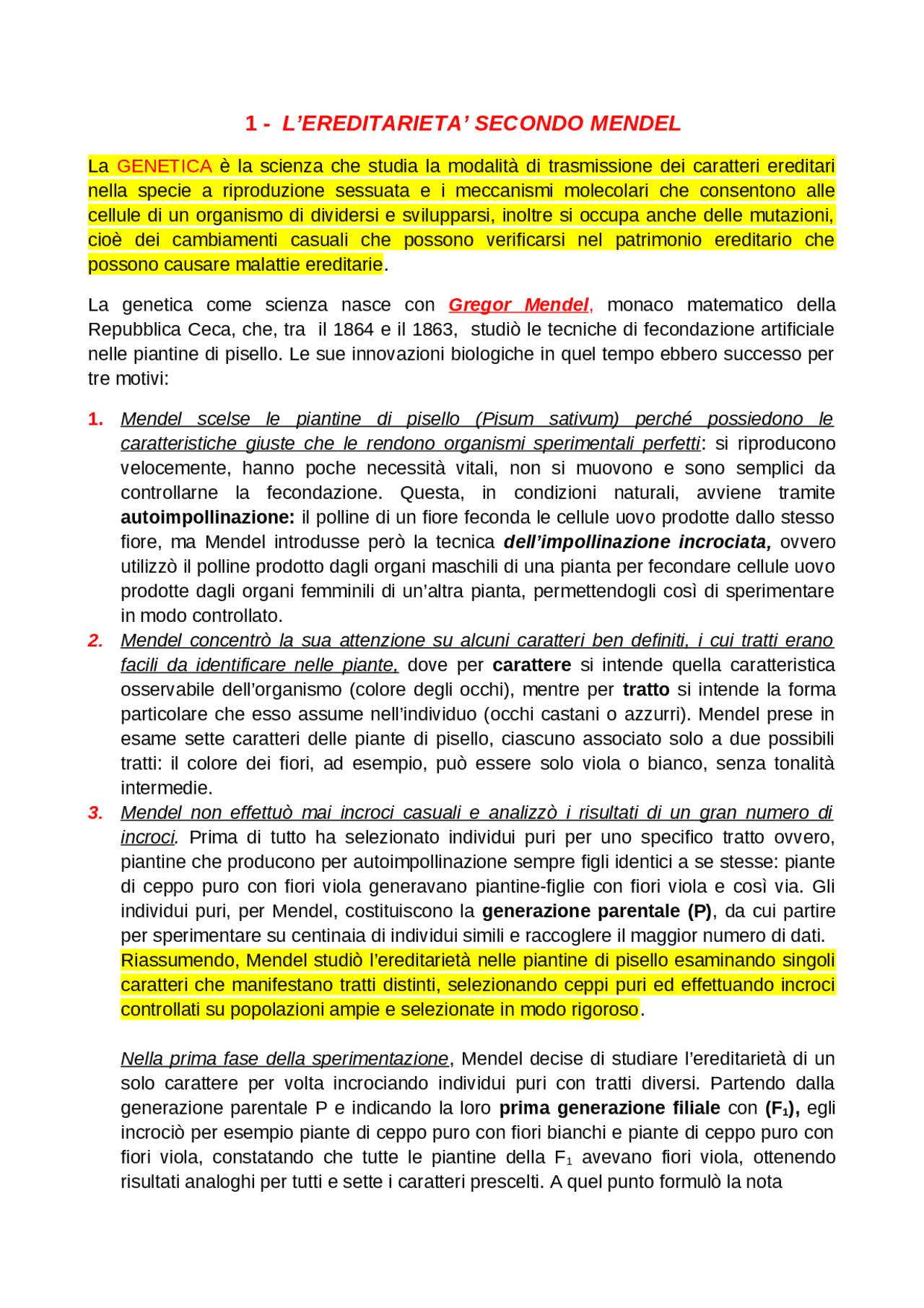 Lereditarietà Di Mendel Docsity