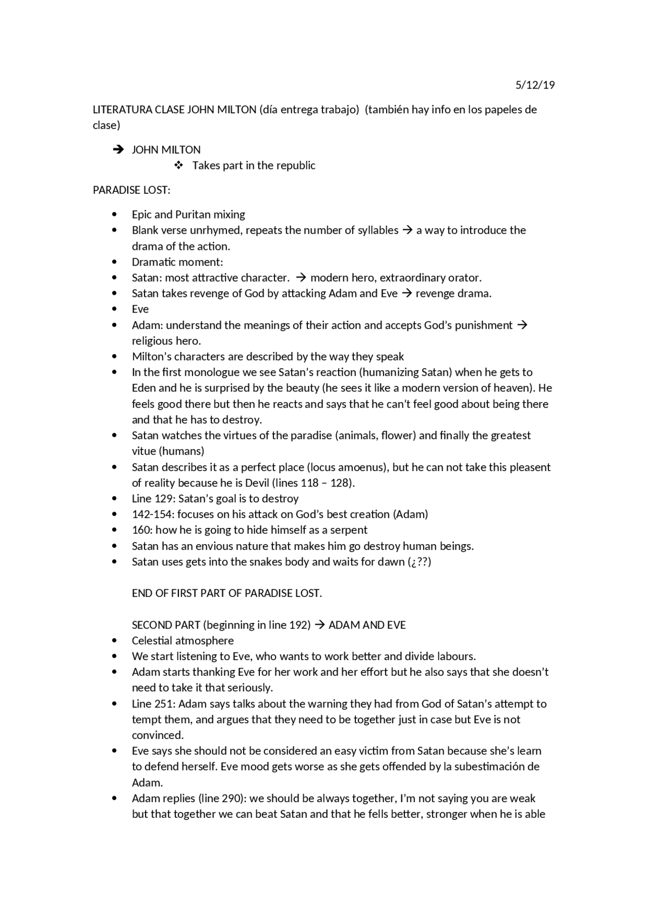 John Milton Work Analysis Docsity