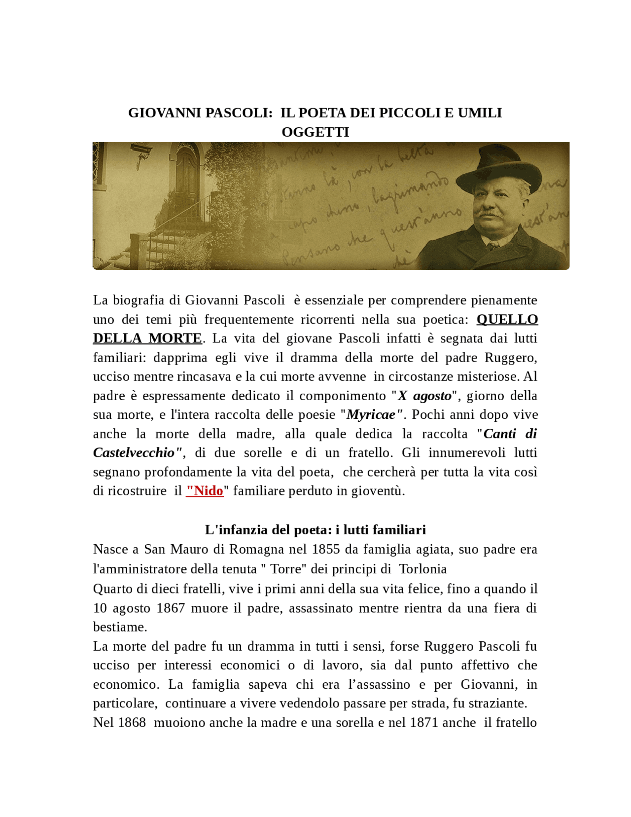 Riassunto Giovanni Pascoli Docsity