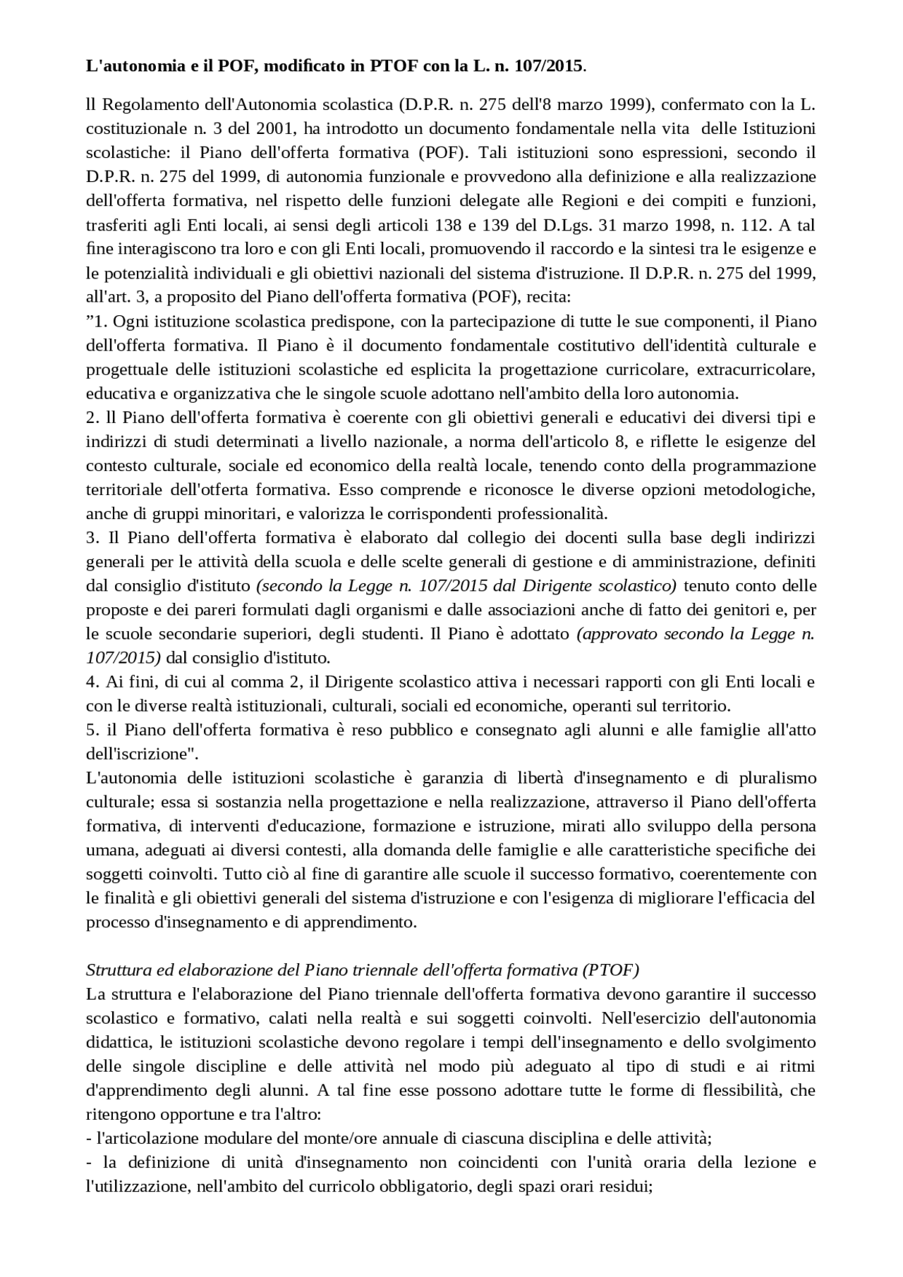 Pof Ptof E Lautonimia Scolastica Docsity