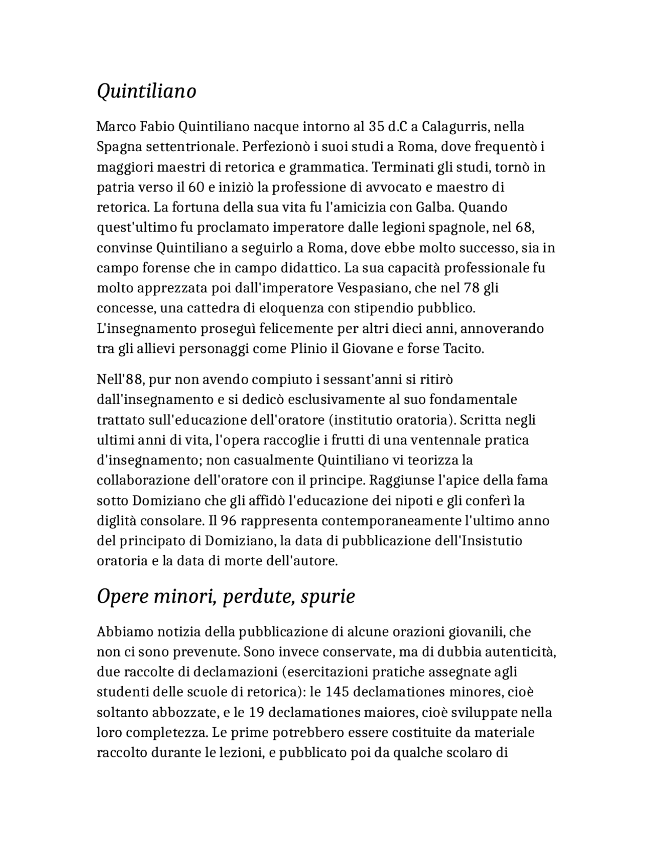 Quintiliano vita e opere - Docsity