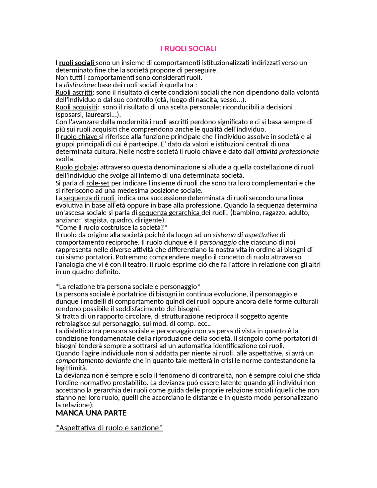 I Ruoli Socialidocx Riassunto Docsity
