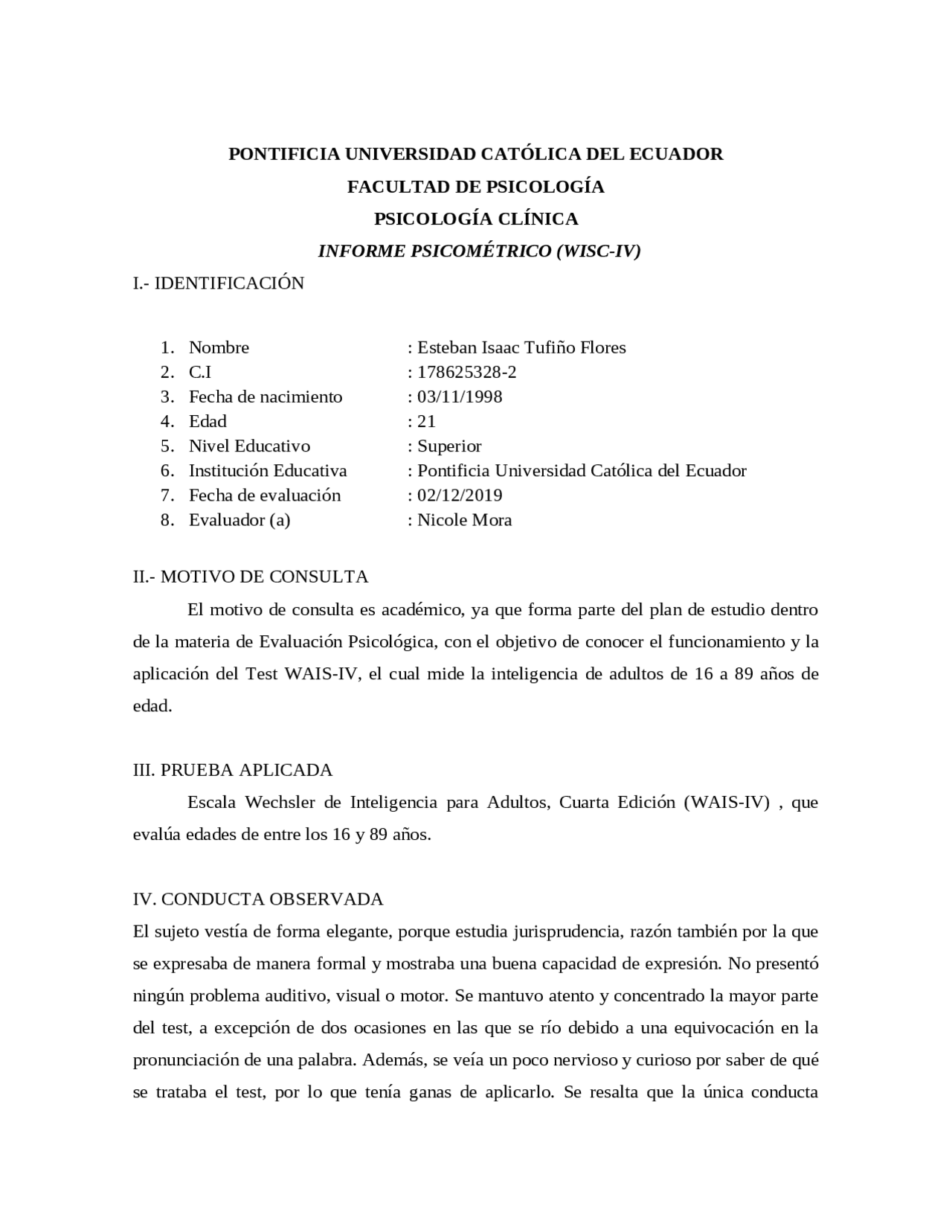 Informe PsicomÉtrico Wisc Iv Apuntes De Psicometría Docsity