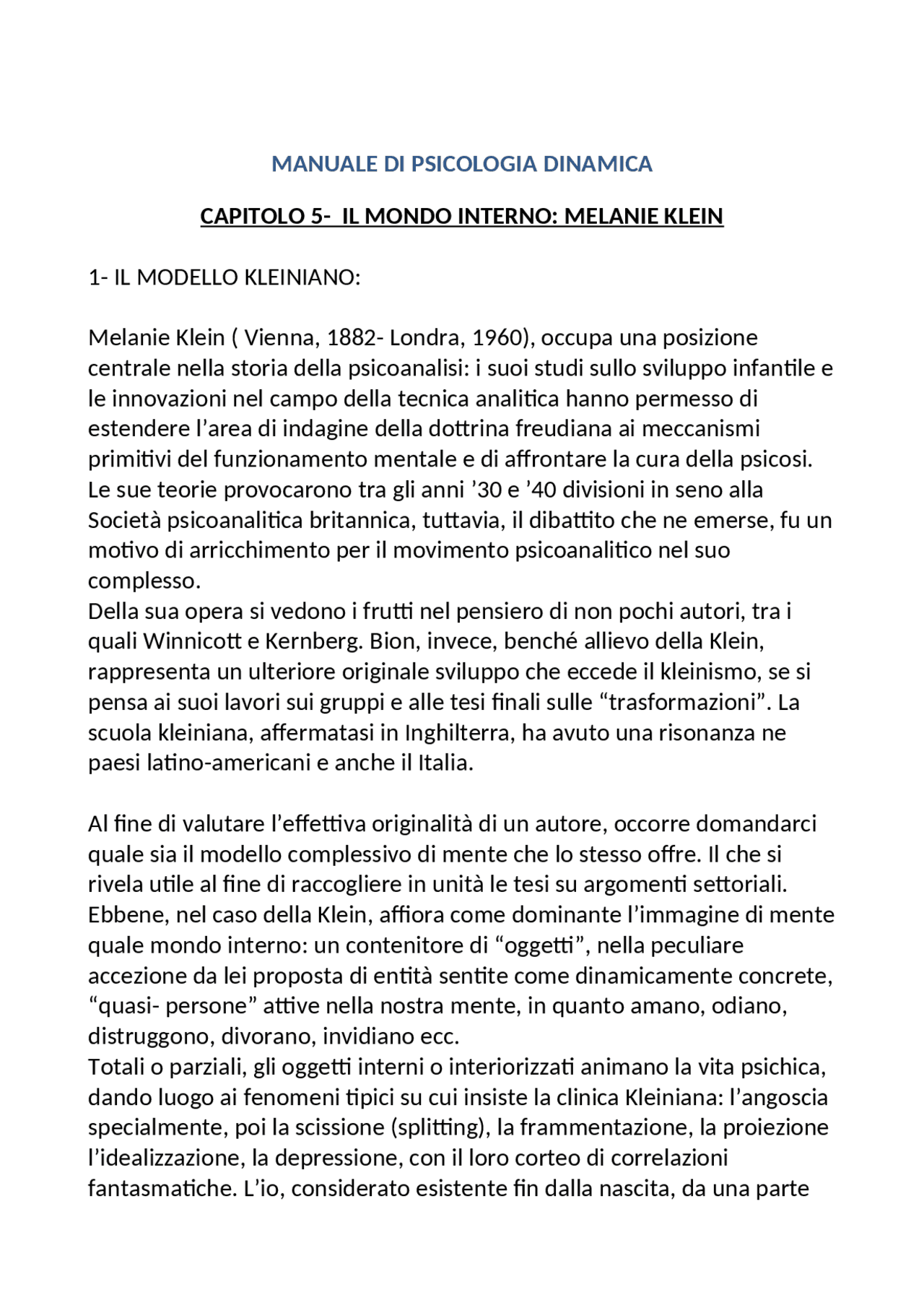 Manuale Di Psicologia Dinamica Docsity