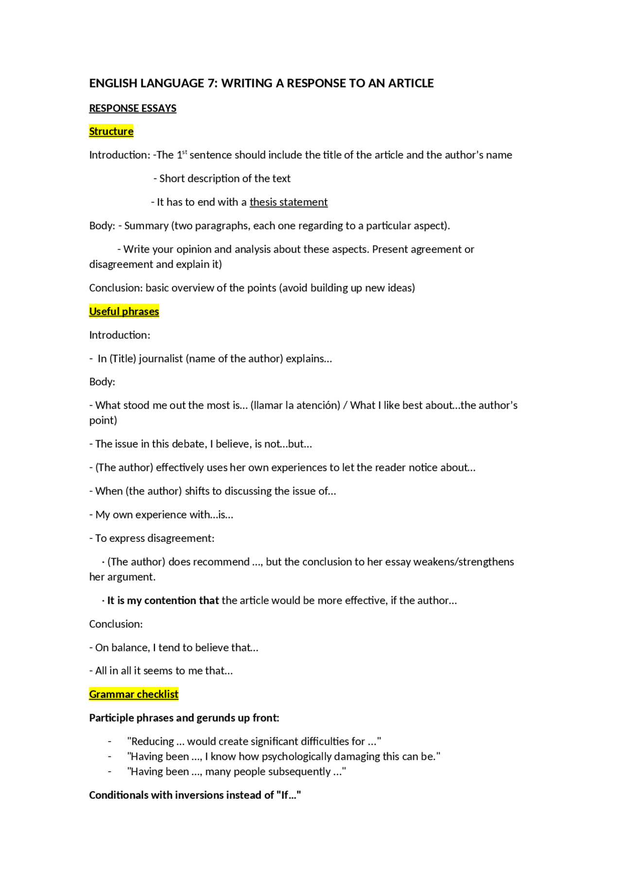 Response Essay Structure - Docsity