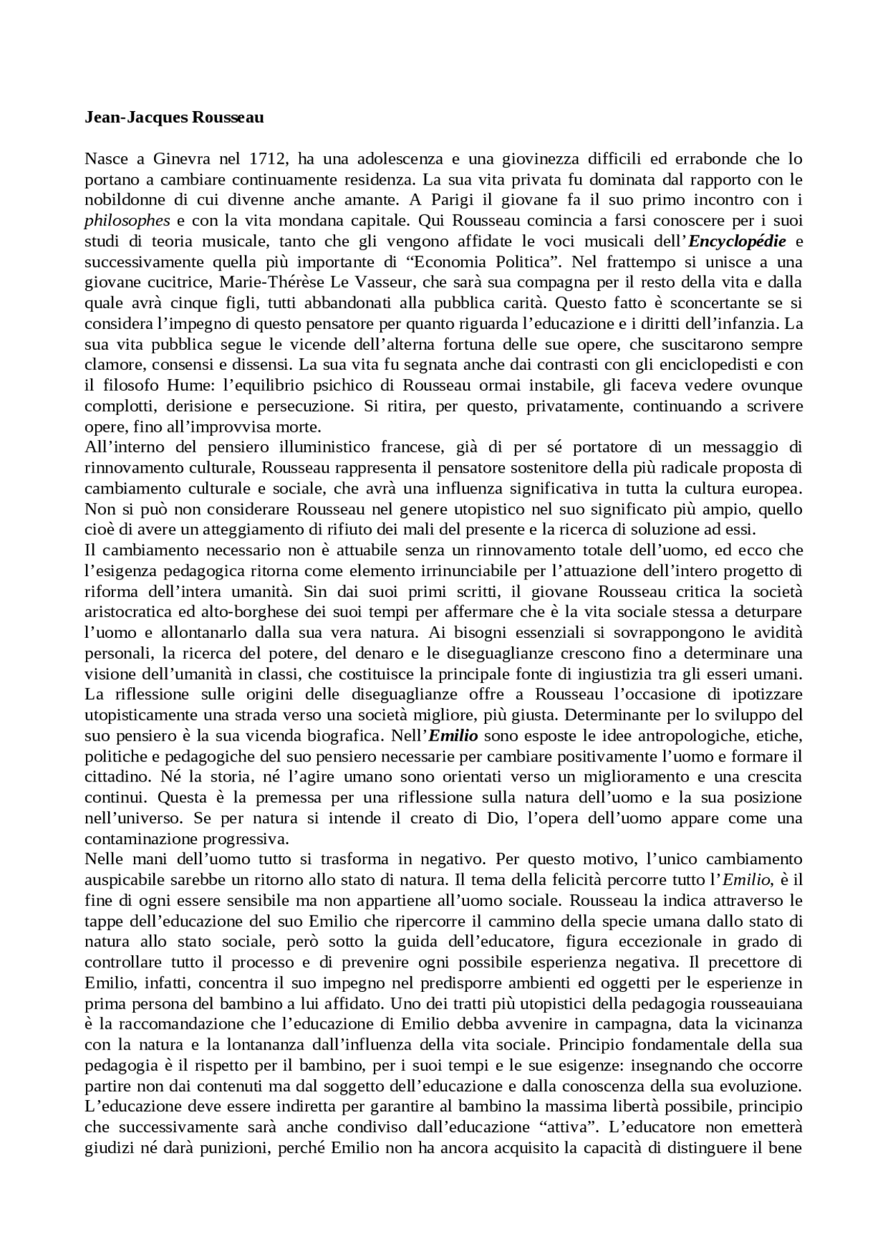 Rousseau Vita Opere E Lemilio Docsity