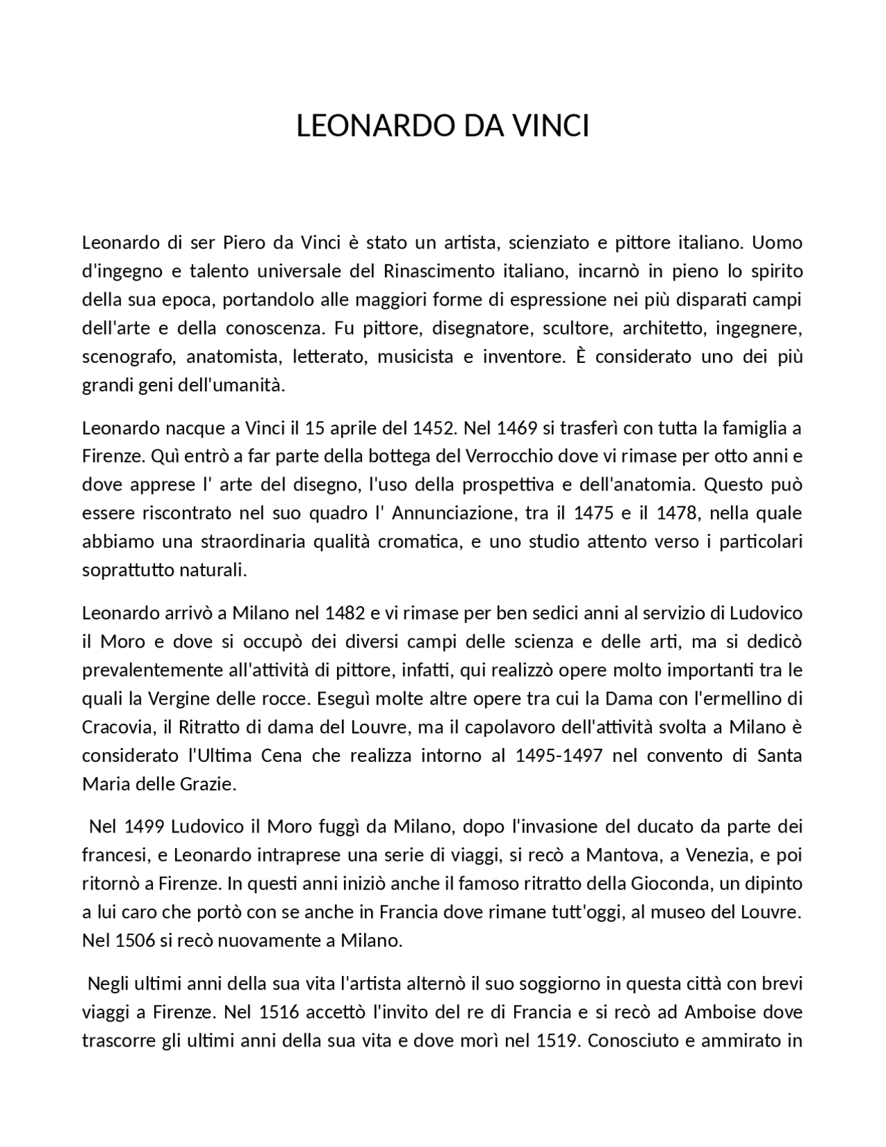 Ricerca Completa Leonardo Da Vinci Sintesi Del Corso Di Storia Docsity