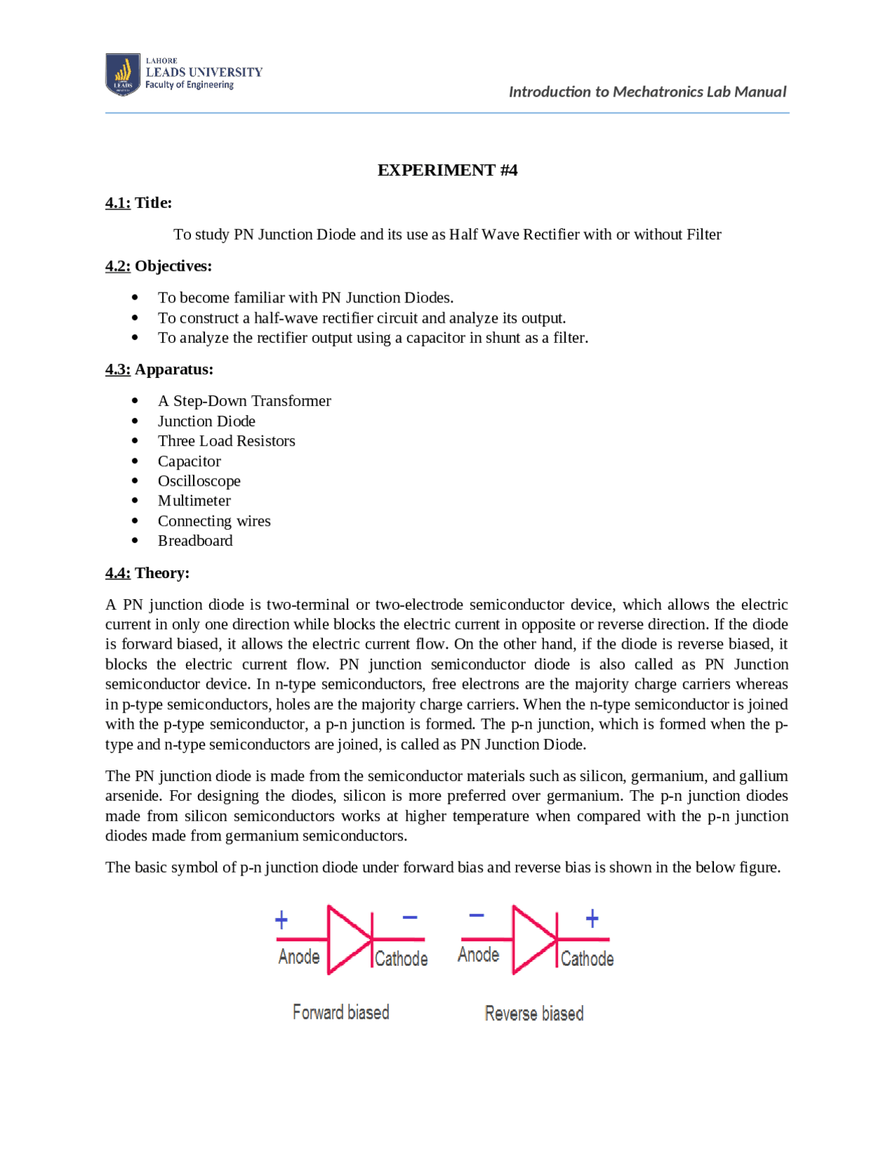 Experiment On Zener Diode Exercises Mechatronics Docsity