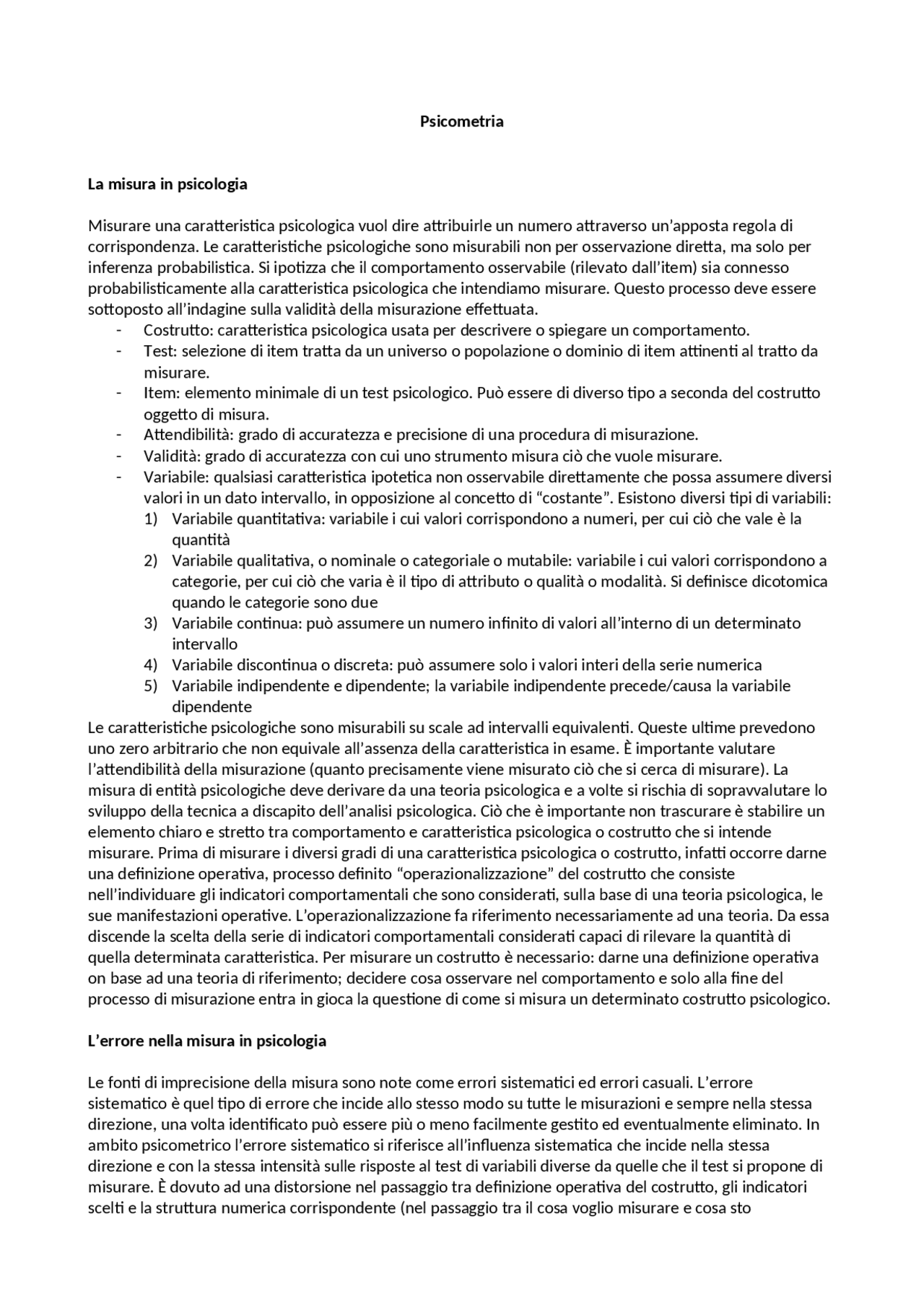 Riassunto Psicometria 1 Docsity