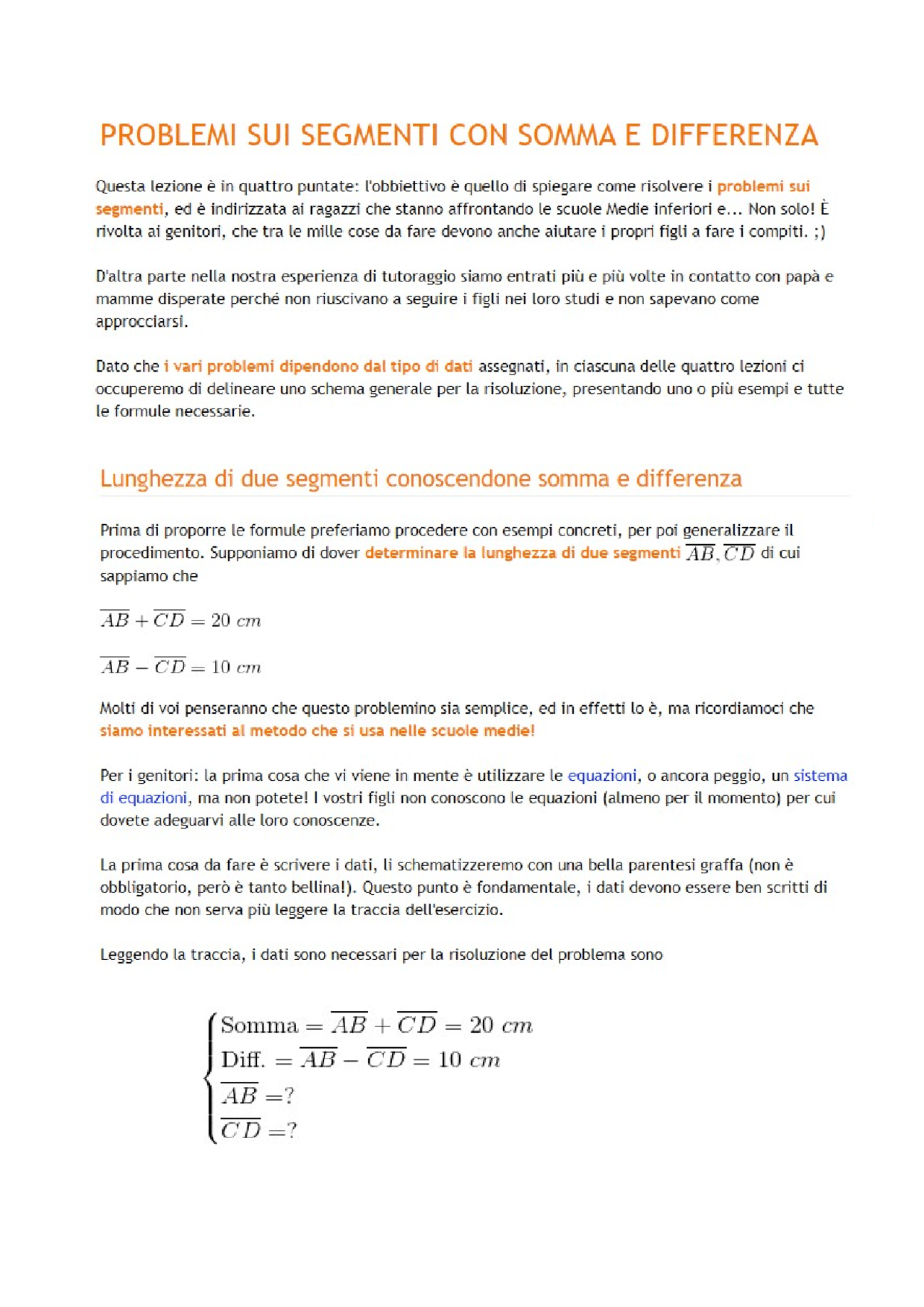 Problemi sui segmenti: somma e differenza - Docsity