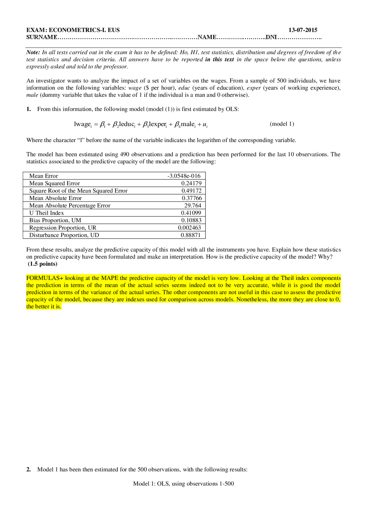 Examen Resuelto Econometría 1 Julio 2015 Docsity