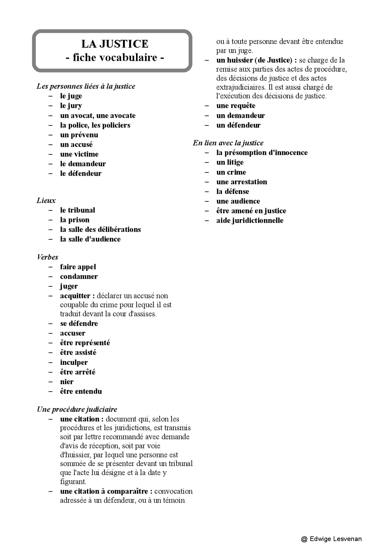 Fiche vocabulair la justice.pdf | Dispense di Lingua Francese | Docsity
