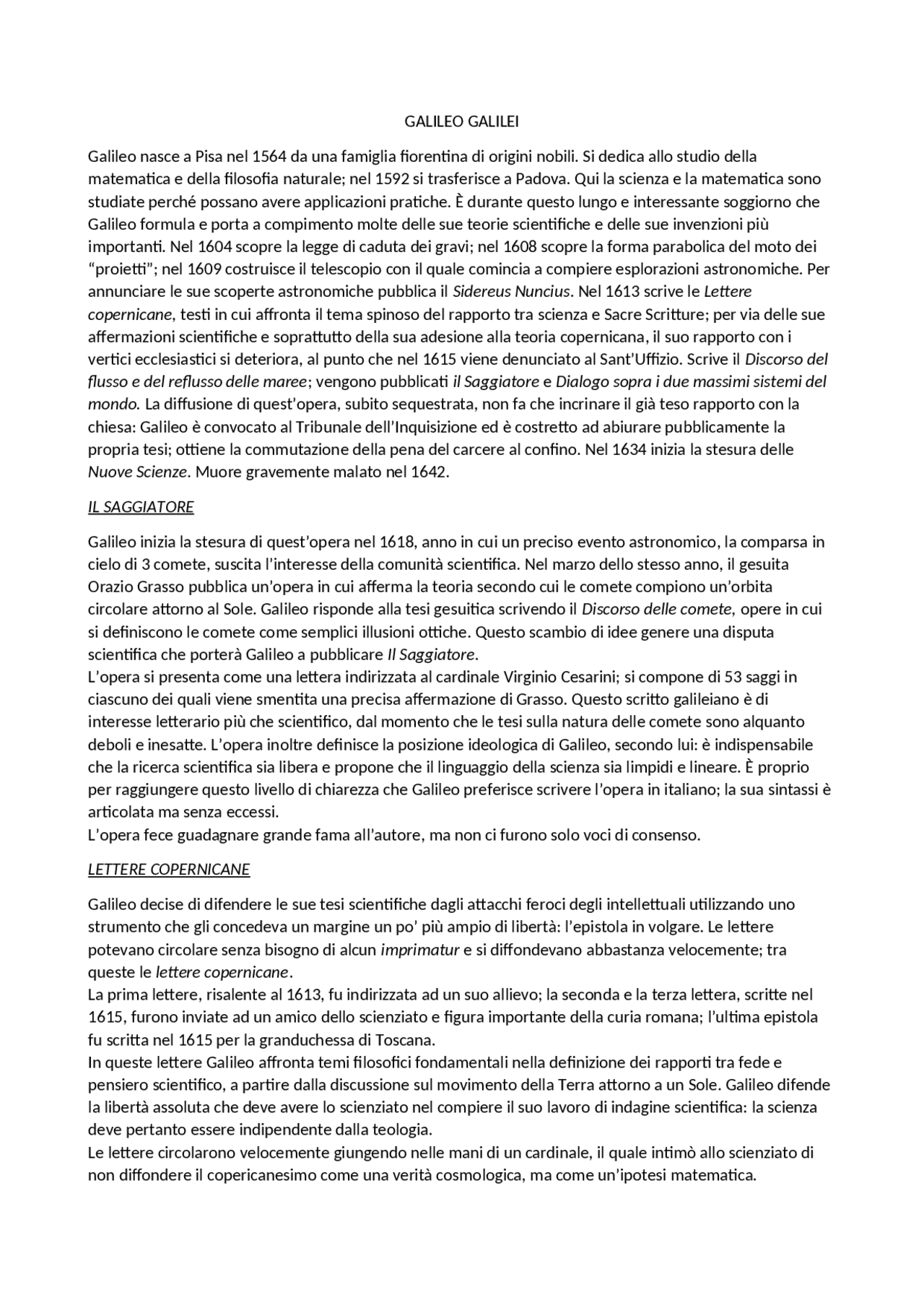 Galileo Galilei Riassunto Ed Opere Docsity