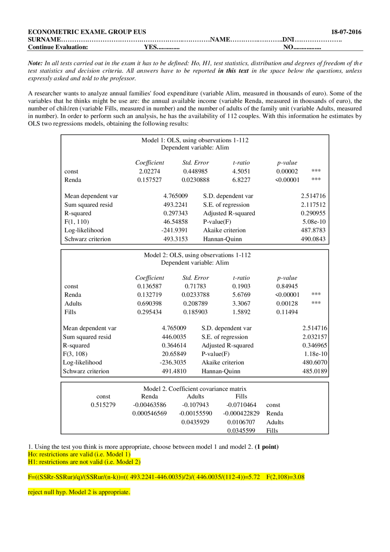 Examen Resuelto Econometría 1 Julio 2016 Docsity