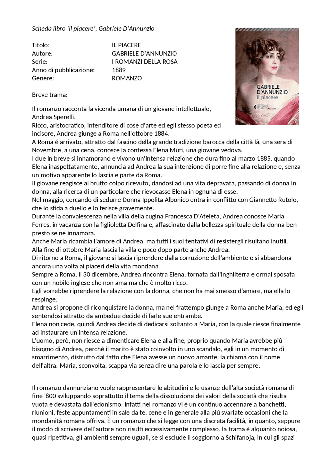 Scheda Libro Il Piacere Di Gabriele Dannunzio Appunti Di Italiano
