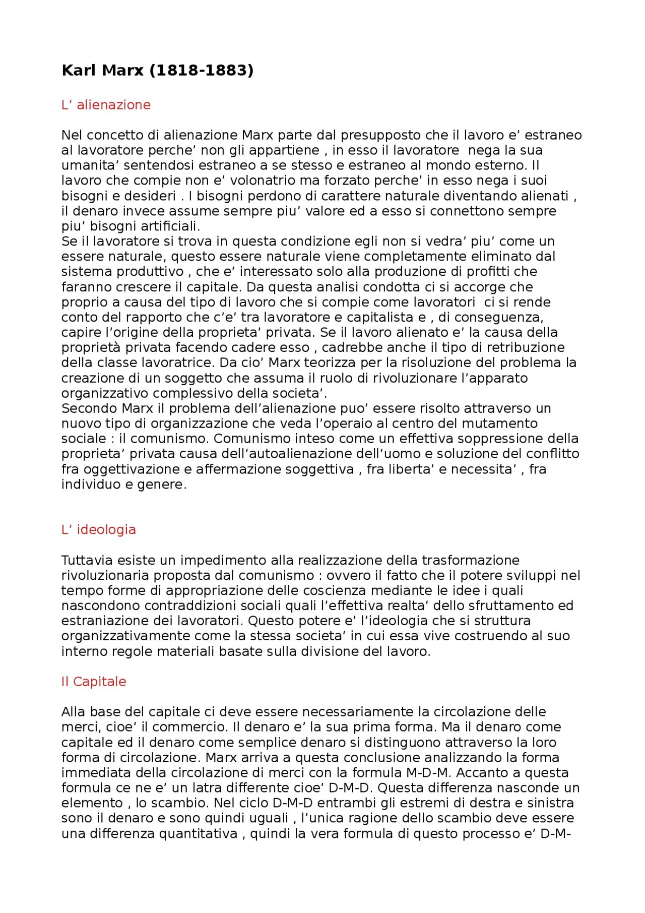 Marx ; Alienazione , Ideologia , Capitale e il Questionario - Docsity