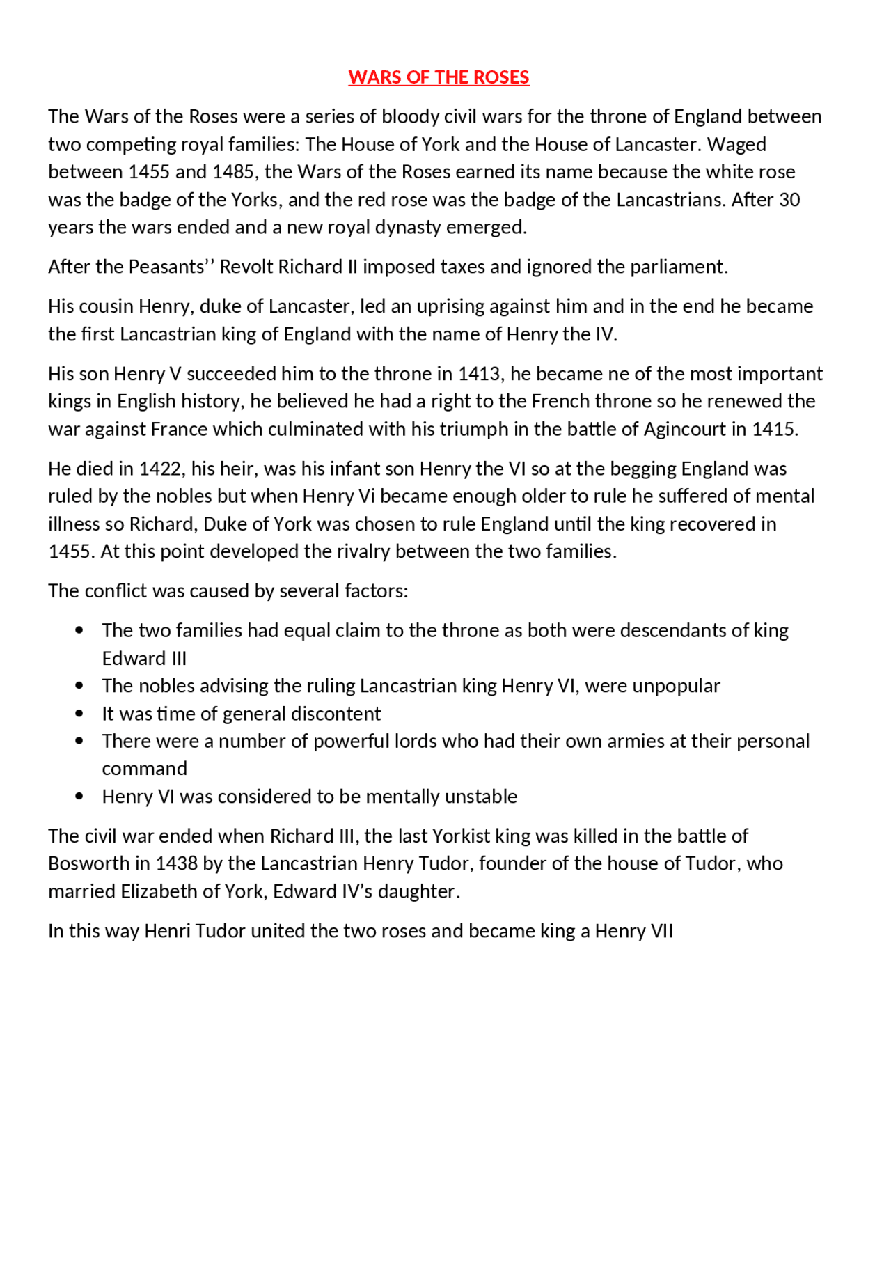 The War of the Roses - Docsity