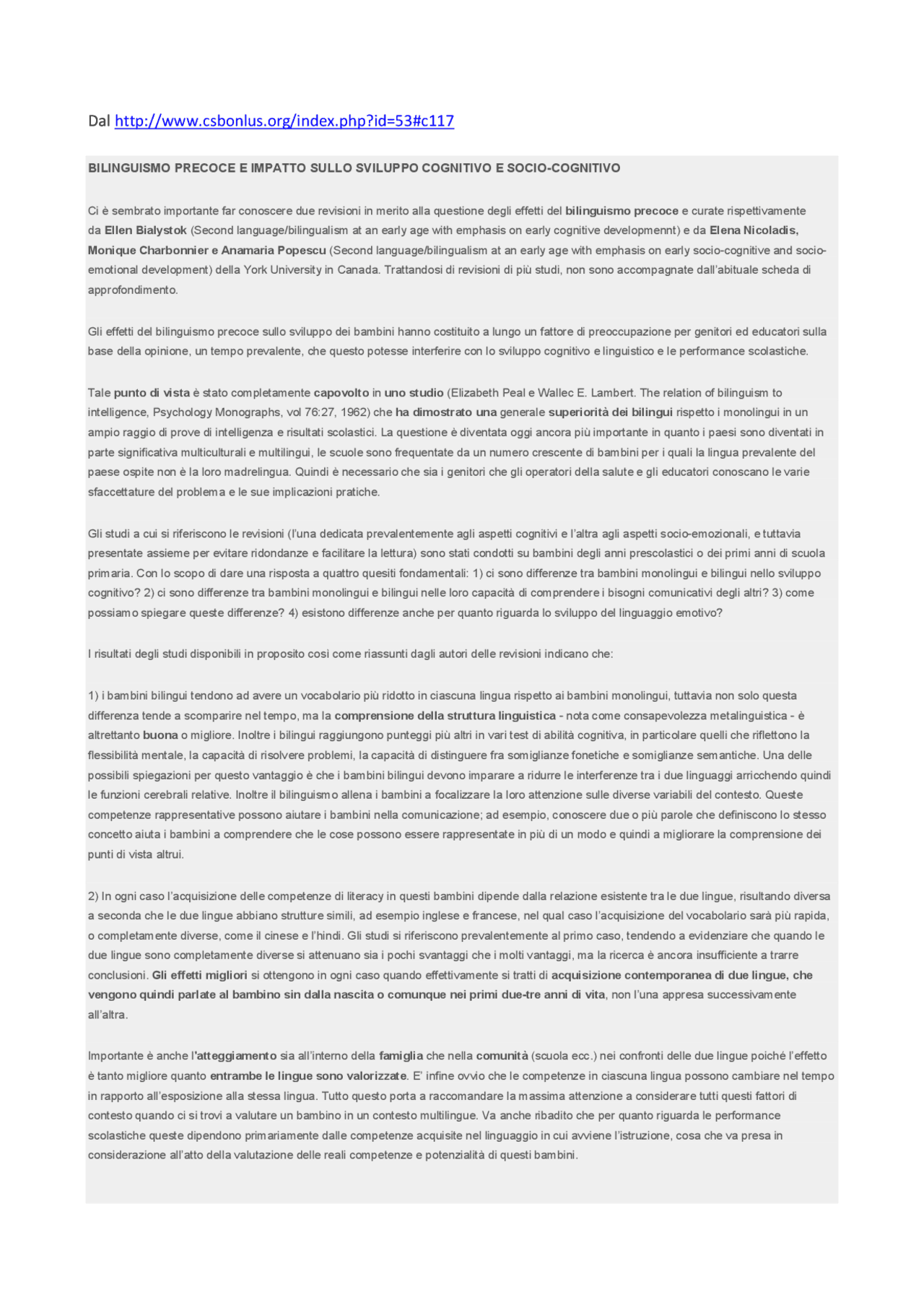Bilinguismo precoce e impatto allo sviluppo cognitivo - Docsity
