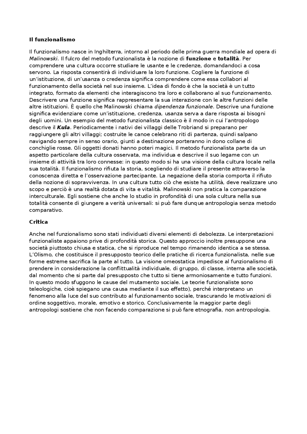 Il Funzionalismo Sintesi Docsity