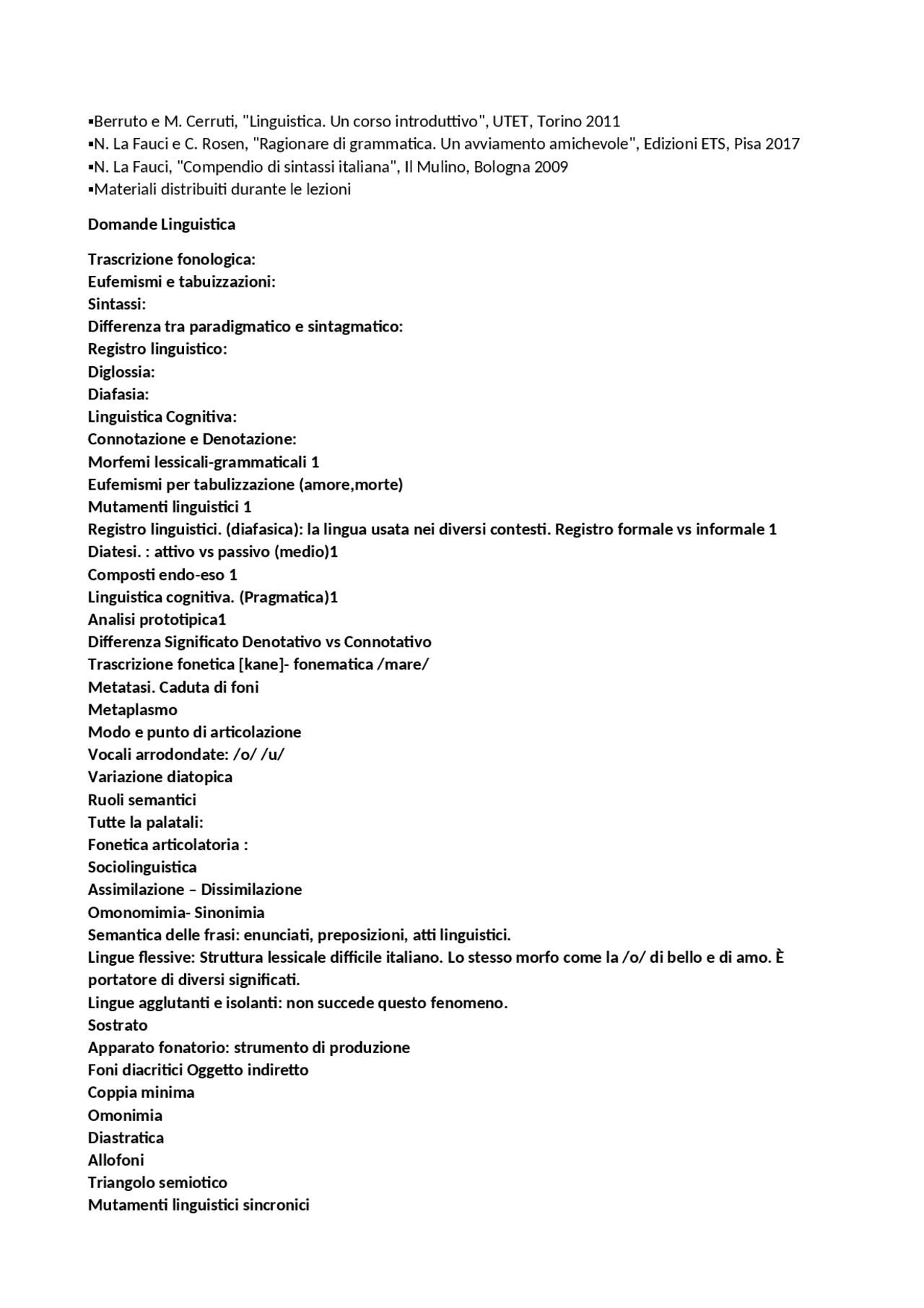 Linguistica Generale Domande Desame Docsity