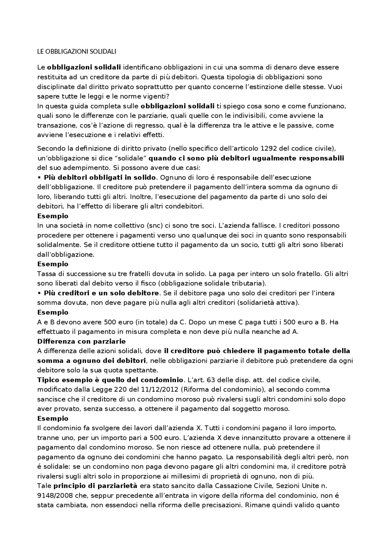 Le Obbligazioni Solidali Diritto Privato Docsity