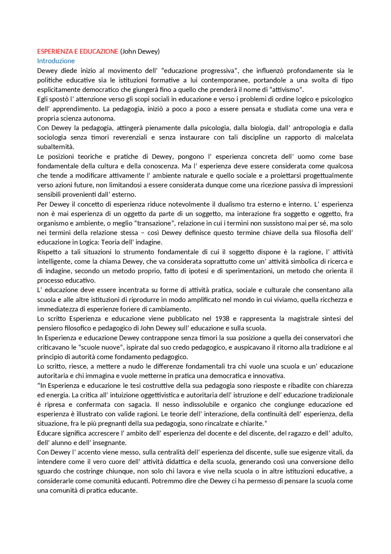 Esperienza E Educazione Jdewey Docsity